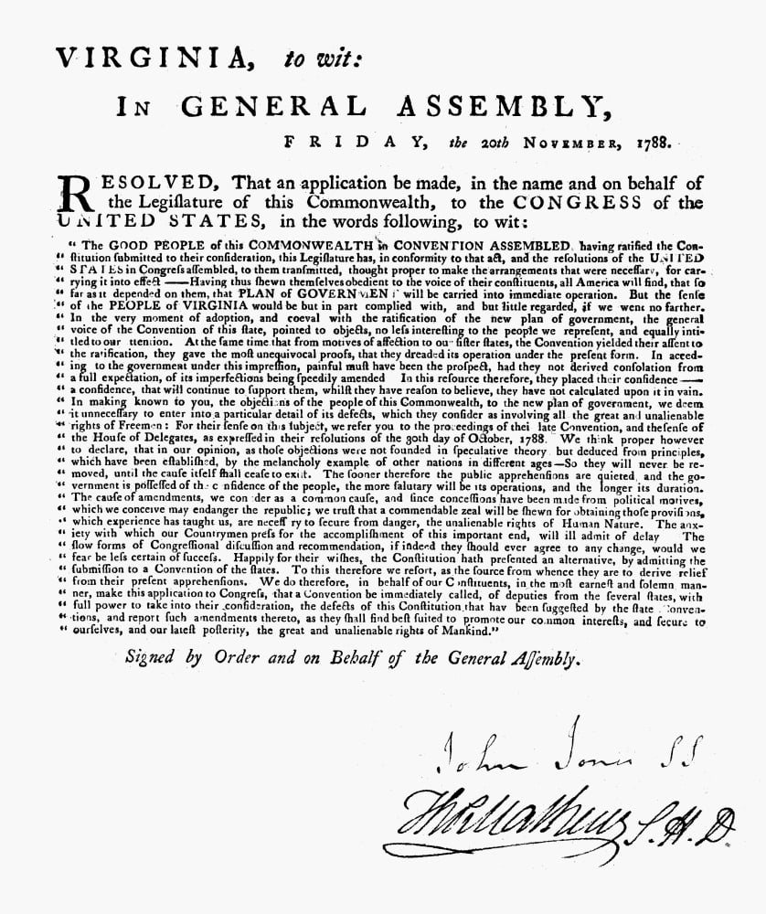 Virginia Assembly, 1788./Nresolution, November 1788, From The Virginia ...