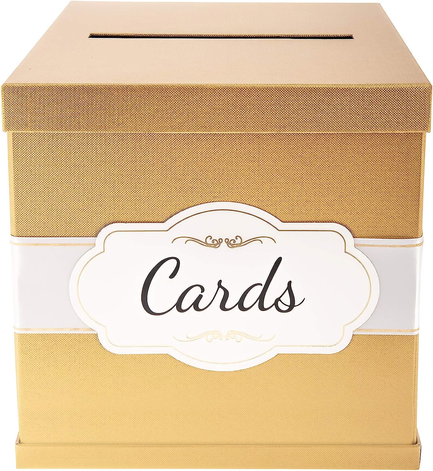 PAPER FAIR Gold Card Box - White/Gold-Foil Satin Ribbon & Cards Label ...