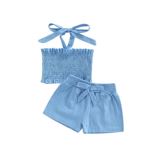 TFFR Little Girl Halter Pleated Vest + Elastic Waist Shorts, 2Pcs ... TFFR Little Girl Halter Pleated Vest + Elastic Waist Shorts, 2Pcs ...