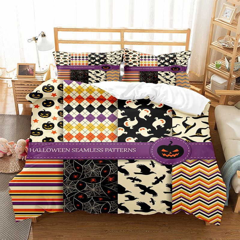 3-Piece White Printed Polyester Quilt Cover Full Size Halloween Skull ...