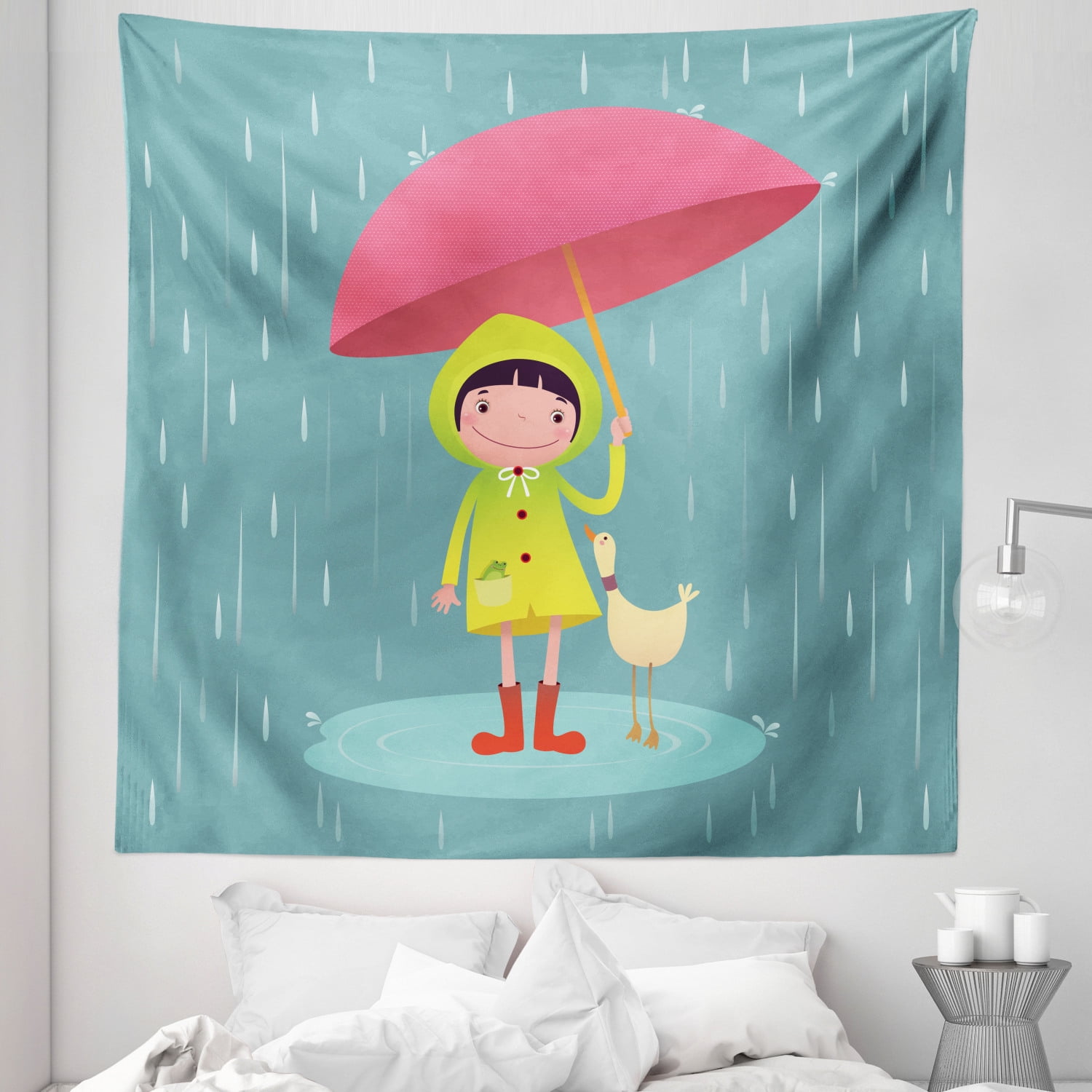 Rain Tapestry, Illustration of a Little Girl and Her Duck Animal Friend ...