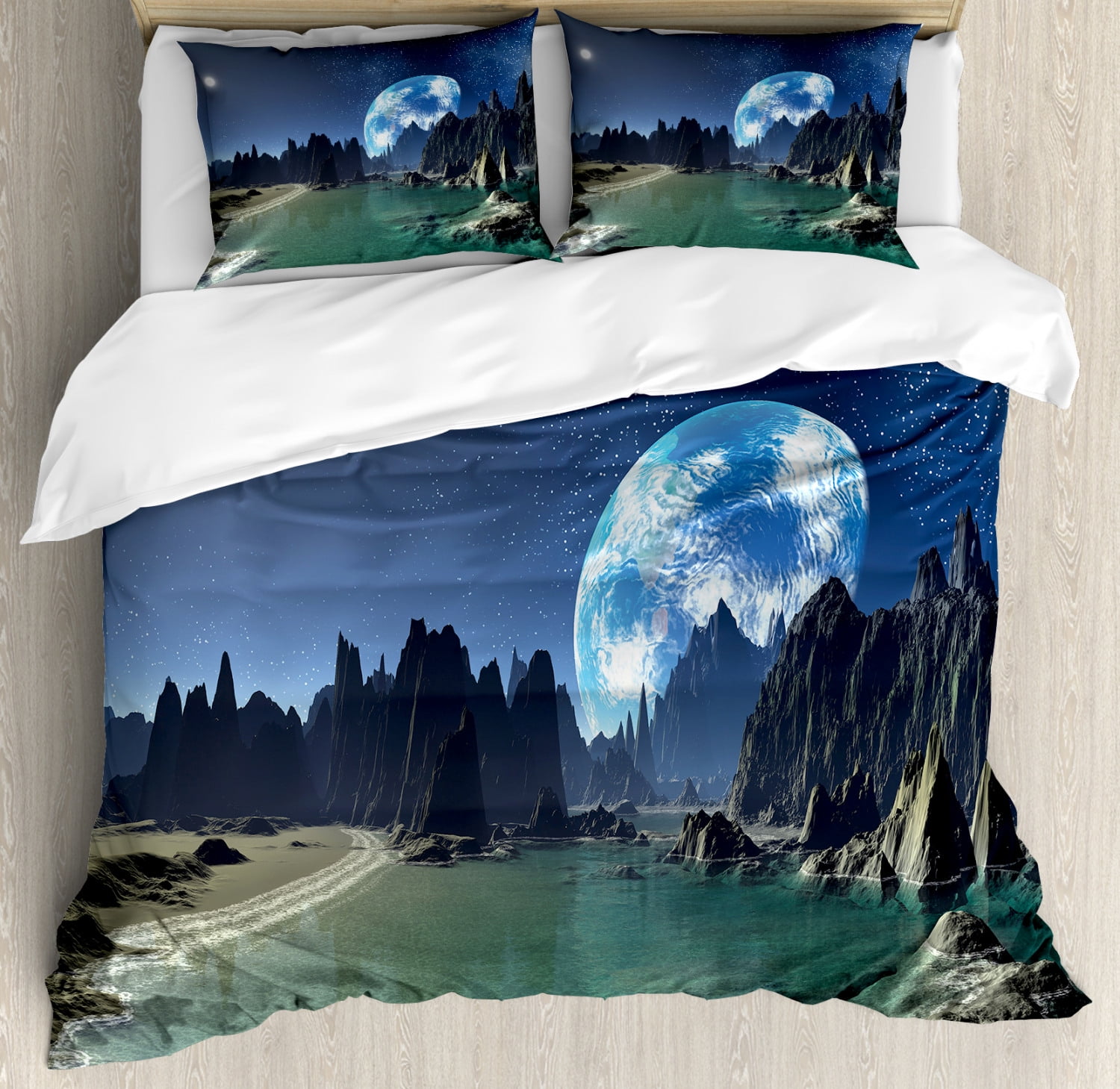 Fantasy Duvet Cover Set Queen Size, Tranquil Futuristic View of Earth ...
