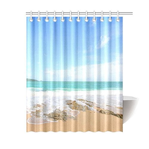 Artjia Tropical Beach Shower Curtain Sandy Beach Ocean Wave Polyester