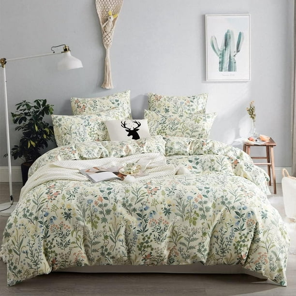 Boho Floral Duvet Cover Green Botanical Bedding Set with Colorful ...