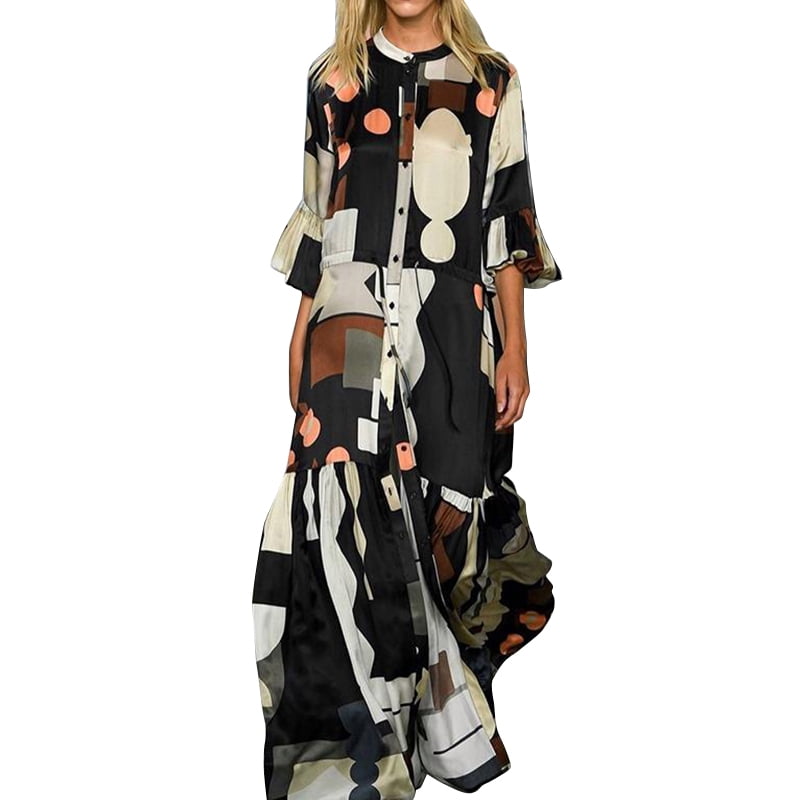 Zanzea Fashion Dresses O Neck Flare Sleeve Lace Up Printed Dress Casual