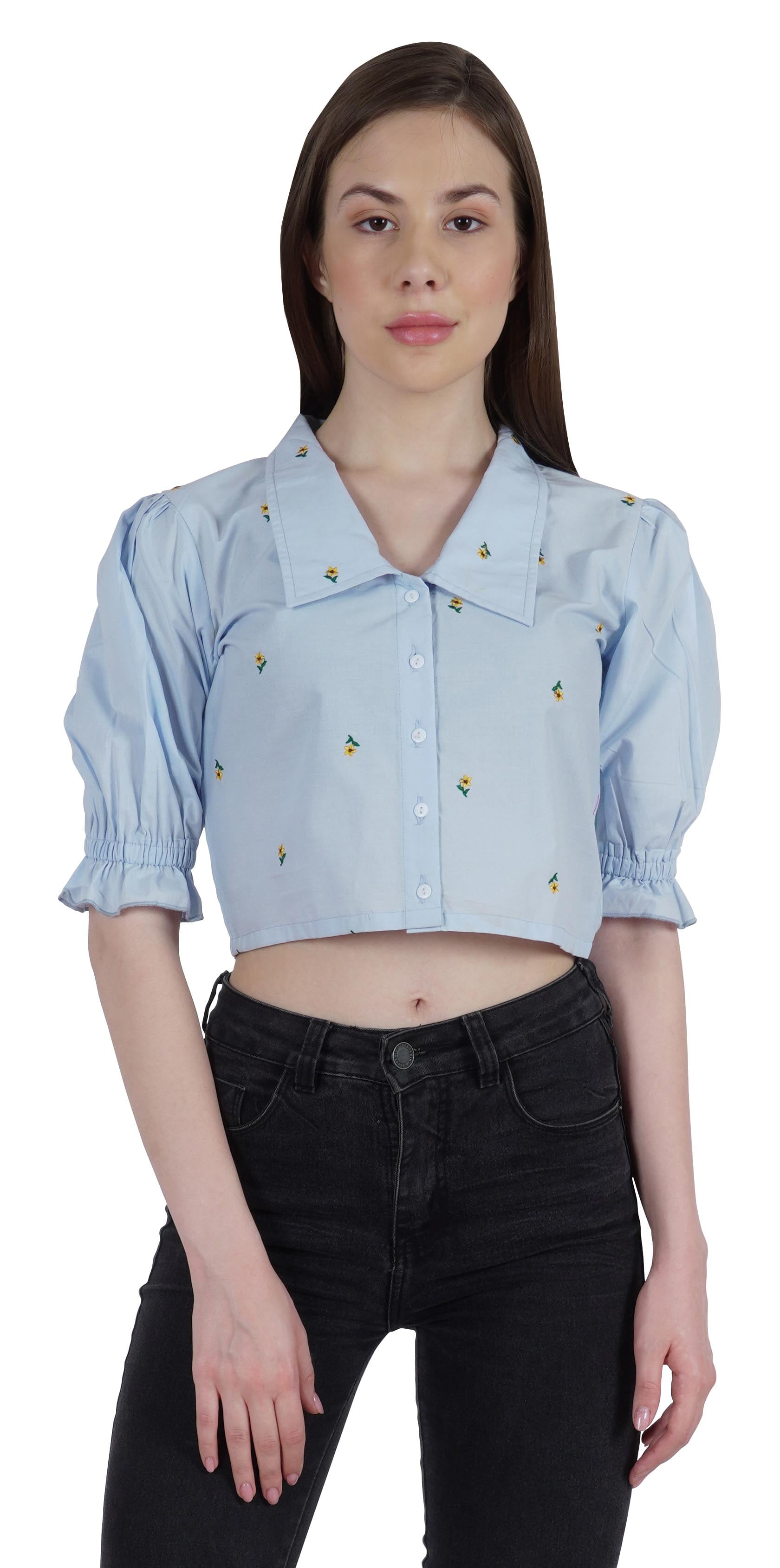 Moomaya Puff Sleeve Crop Top For Women Solid Button Down Collar ...