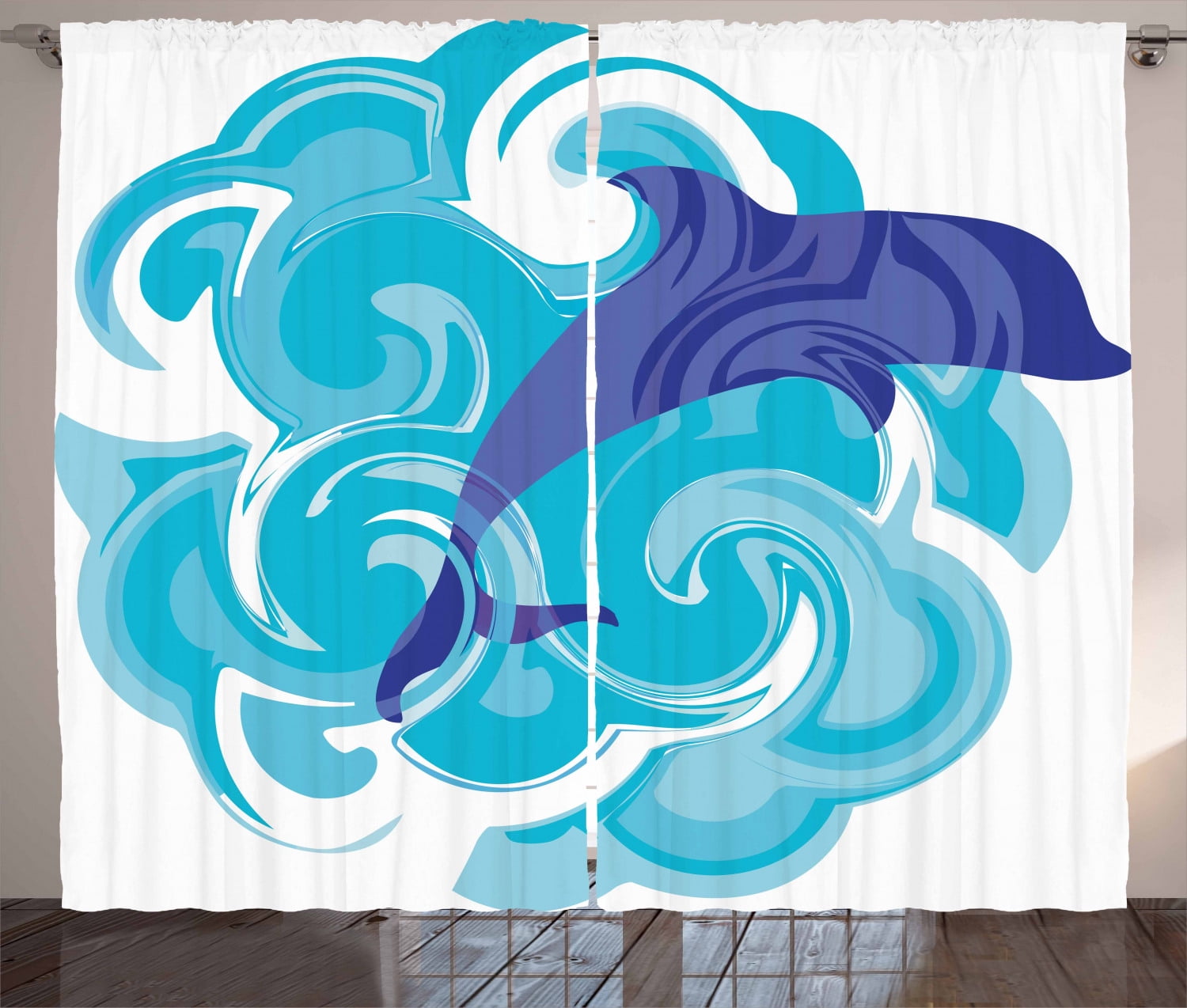 Dolphin Curtains 2 Panels Set, Abstract Representation of Waves Aqua ...