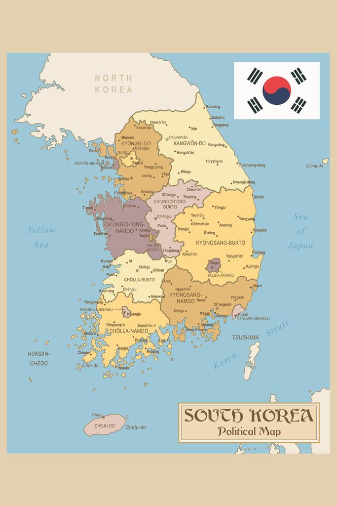 Republic of Korea South Korea Political Map 12 in x 8 in Posters, by ...