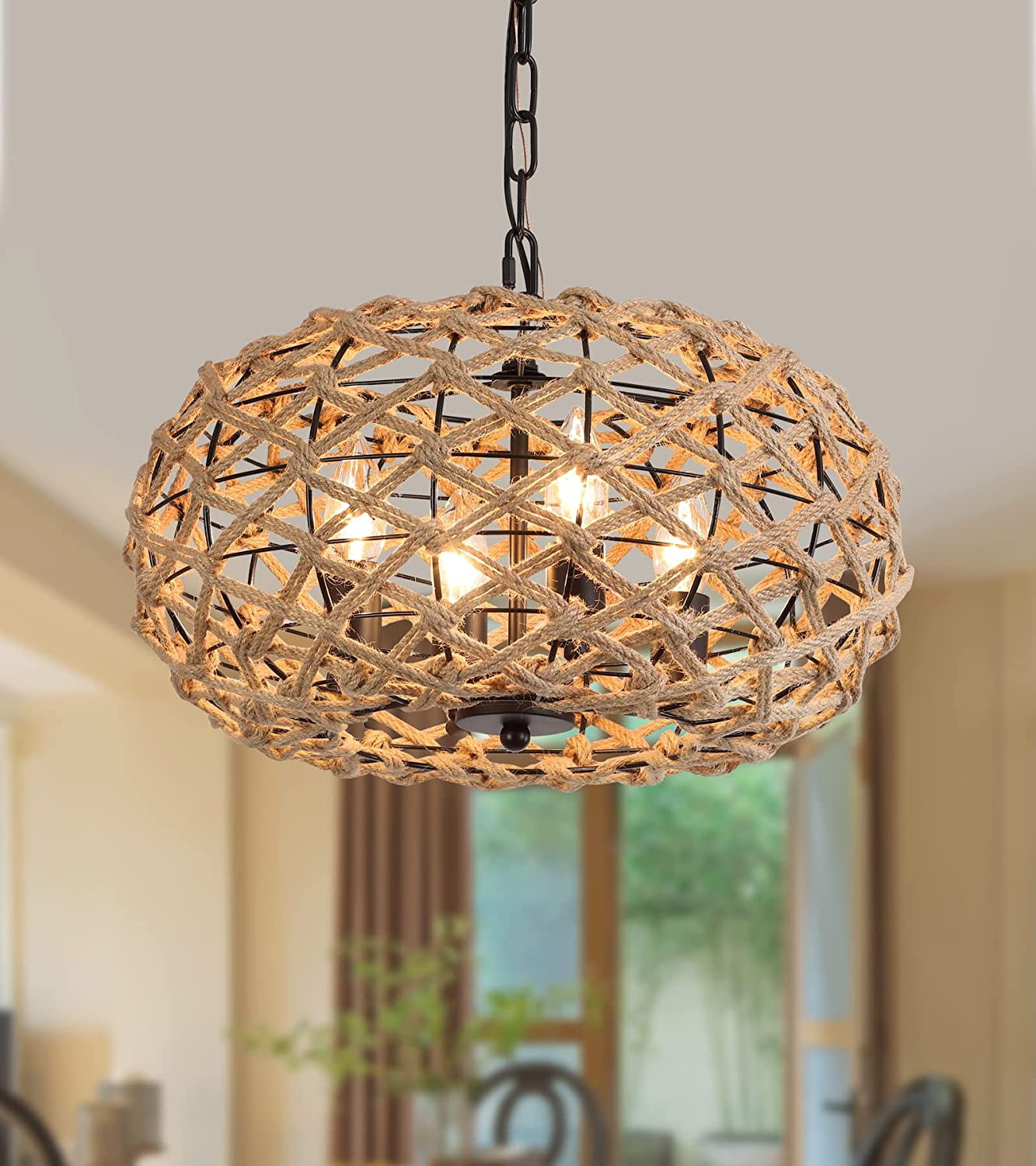 ZXNYH Boho Chandelier,Rustic Rattan Basket Woven Hemp Rope Pendant ...