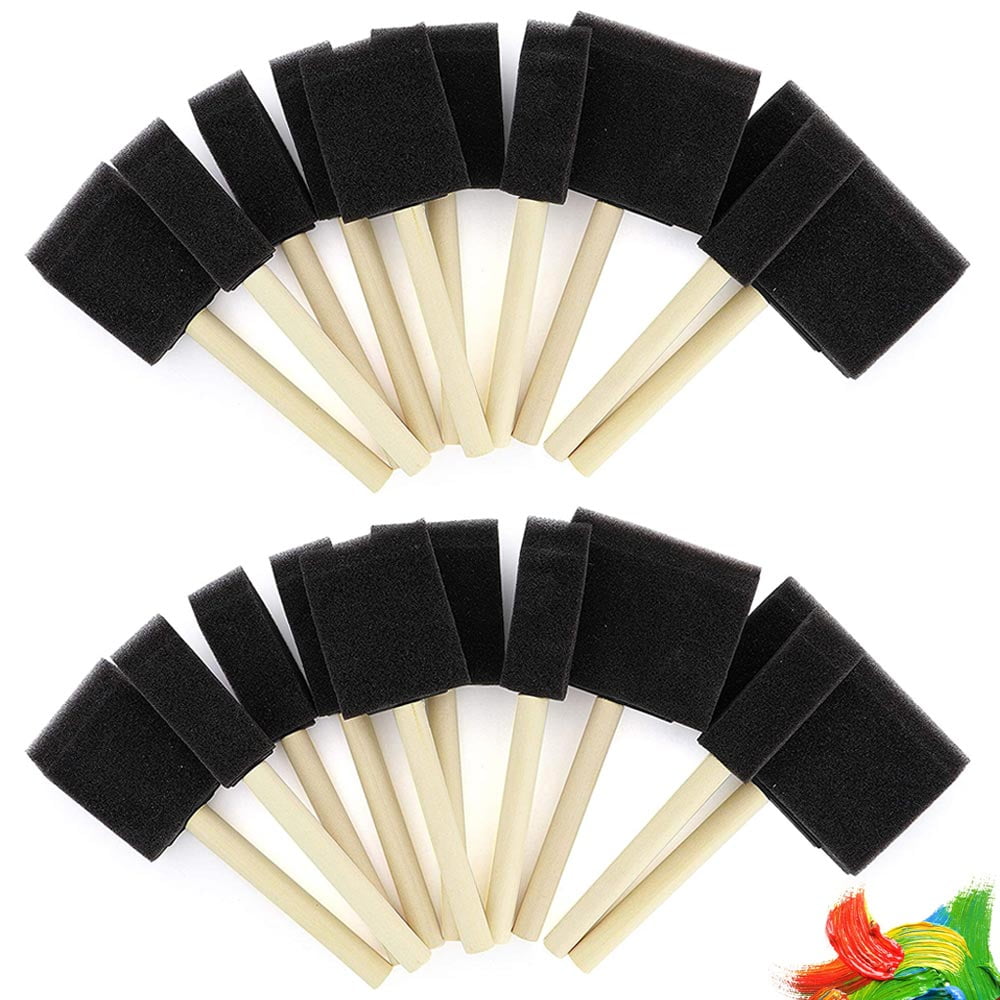 20 Pc Foam Sponge Tipped Brushes Wood Handle 1" 2" 3" 4" Paint Stains ...