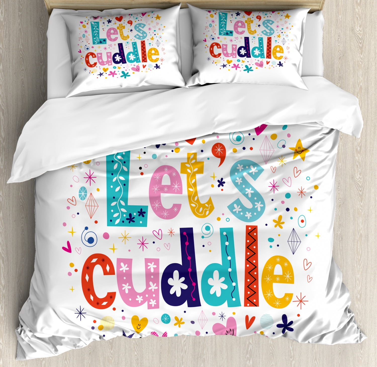 Lets Cuddle Duvet Cover Set King Size, Colorful Doodle Illustration of ...