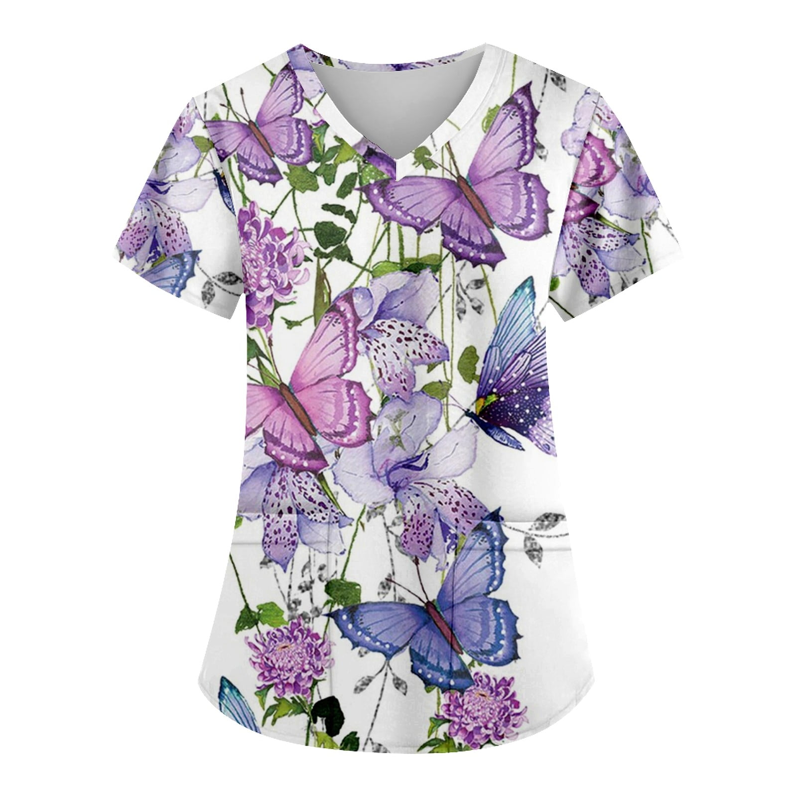 EHTMSAK Printed Scrub Tops Women Floral with Pocket, V-Neck Cartoon ...