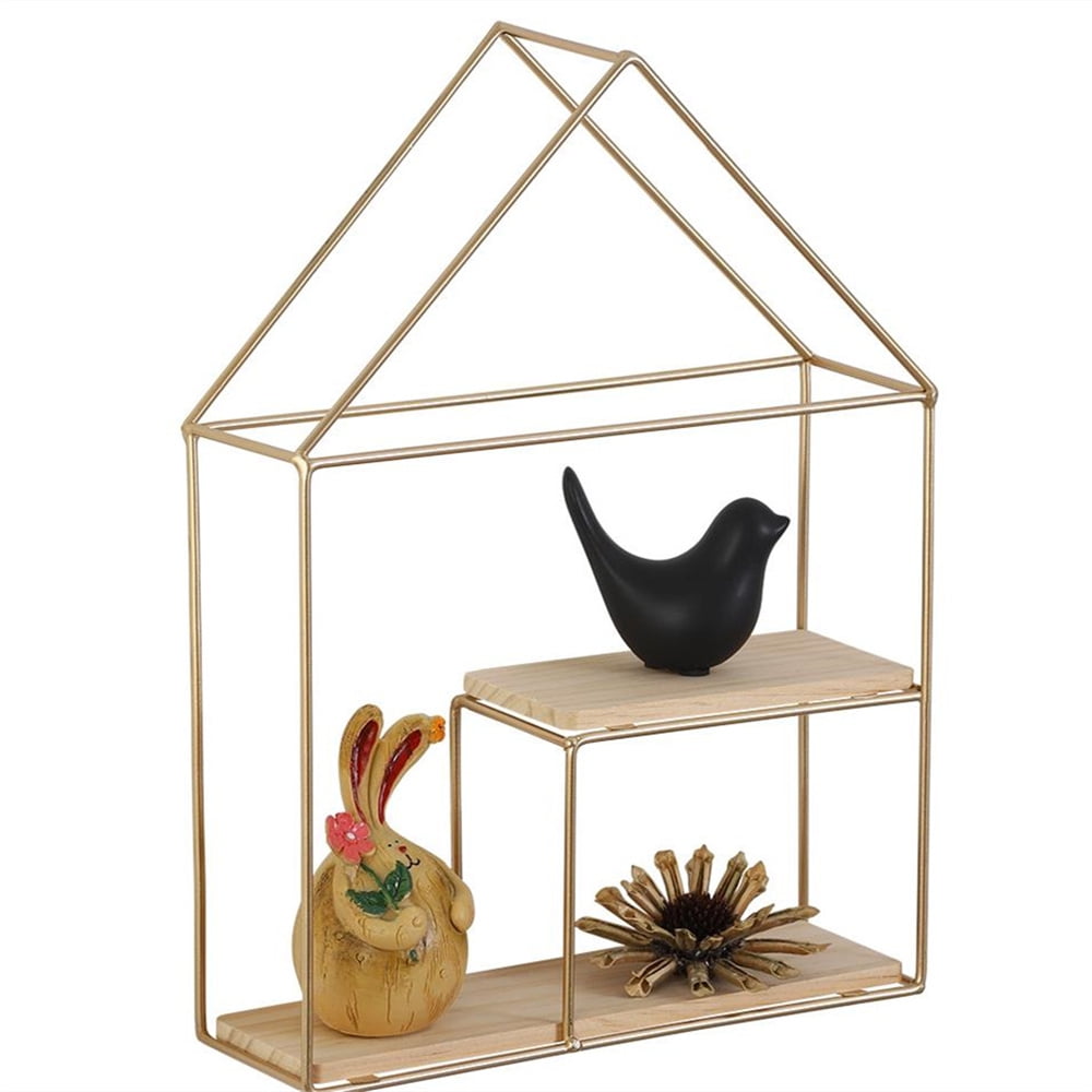 Wall Mounted Metal Wood Shelves 2 Tier Gold House Shape Dispaly Rack ...