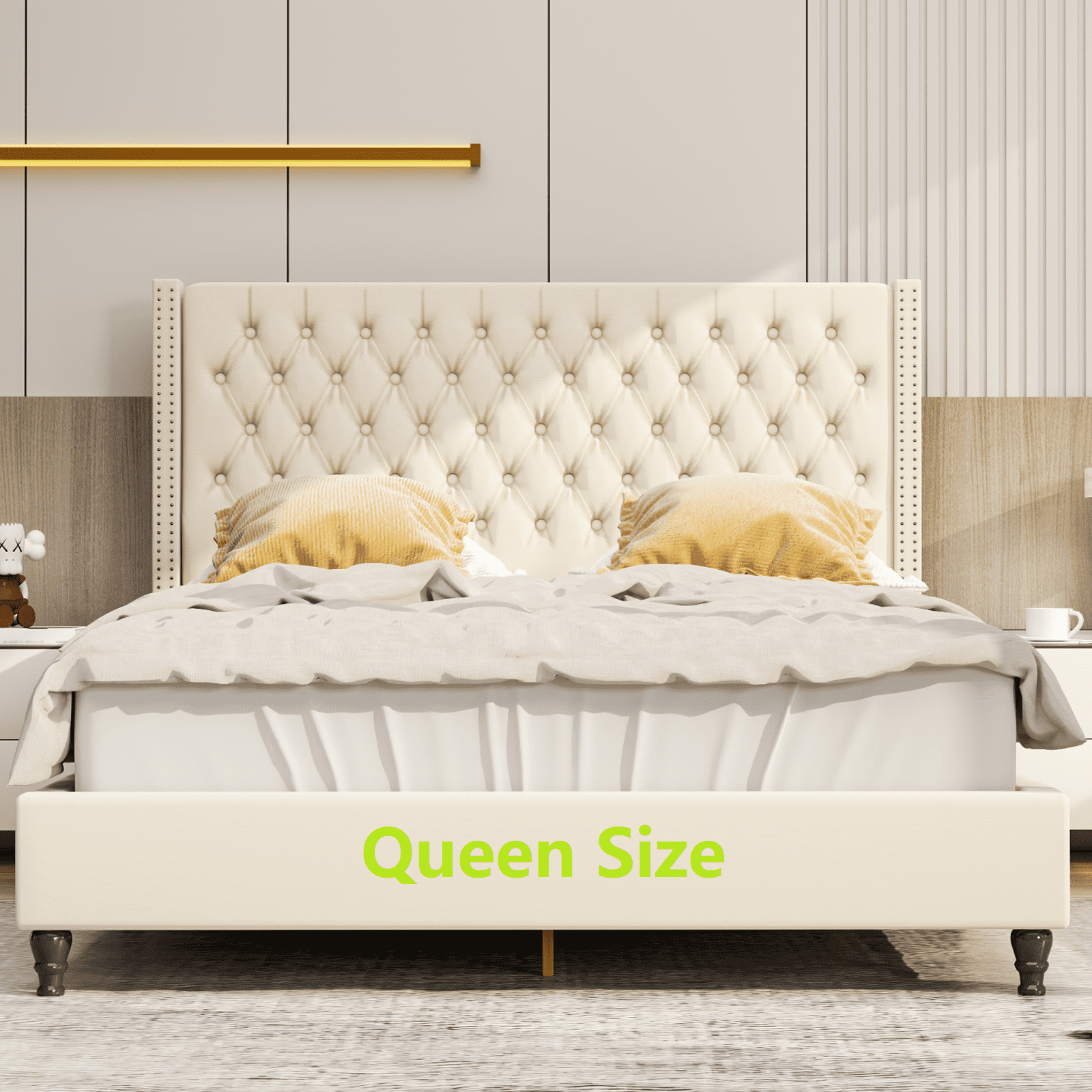 Upholstered Tufted Bed, Platform Bed Frame with Diamond Low Profile ...