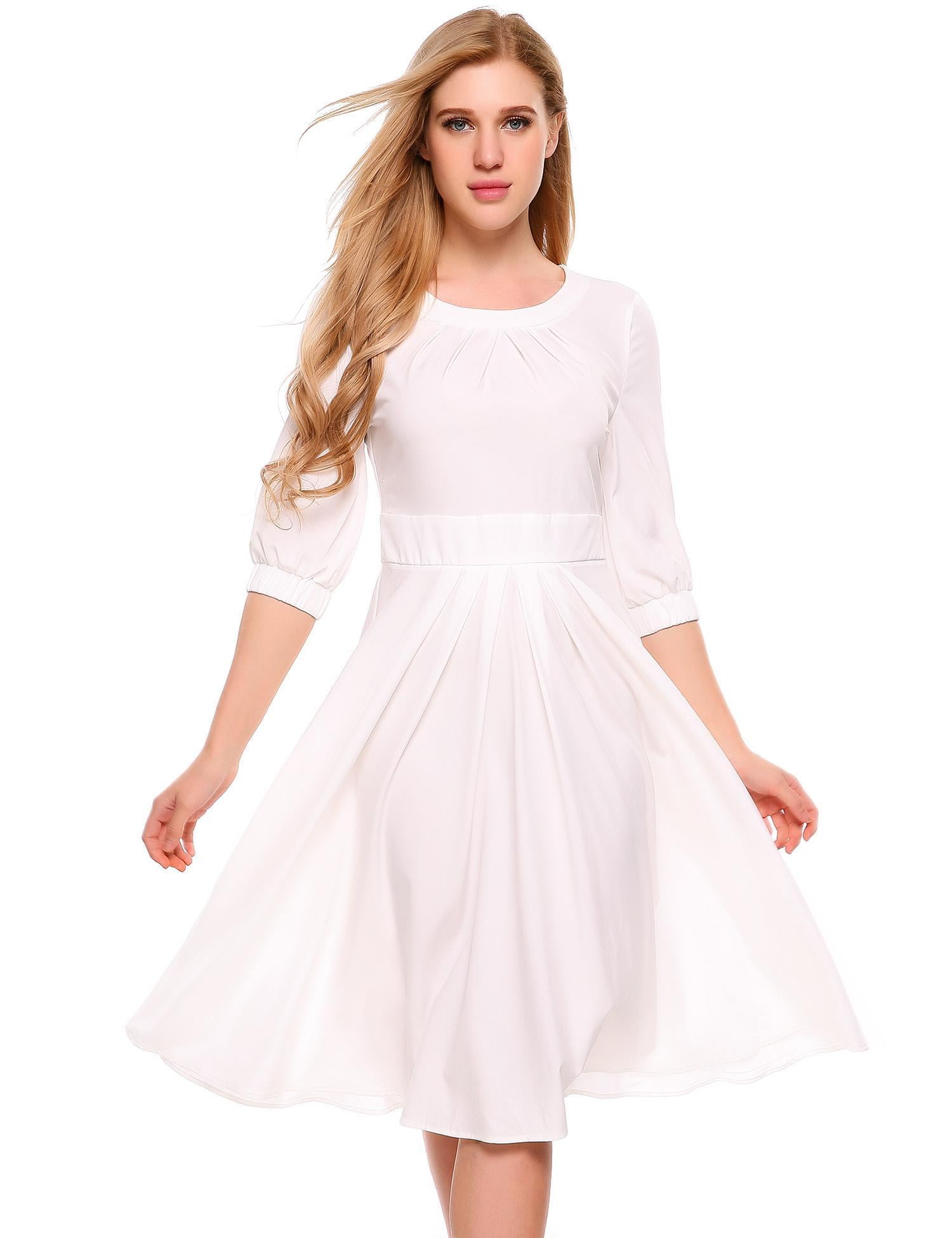 Women Fashion O Neck Half Sleeve Solid High Waist Weddding Pleated Dress Hfon
