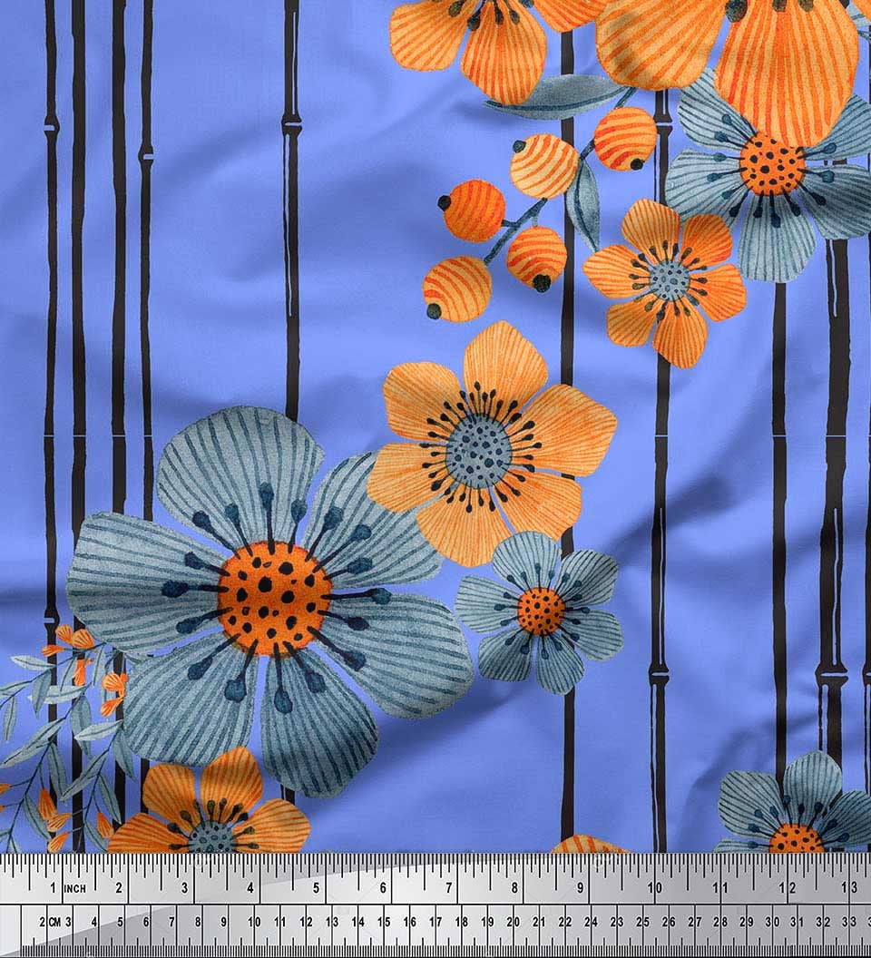 Soimoi Blue Satin Silk Fabric Leaves,Stripe & Floral Print Fabric by ...