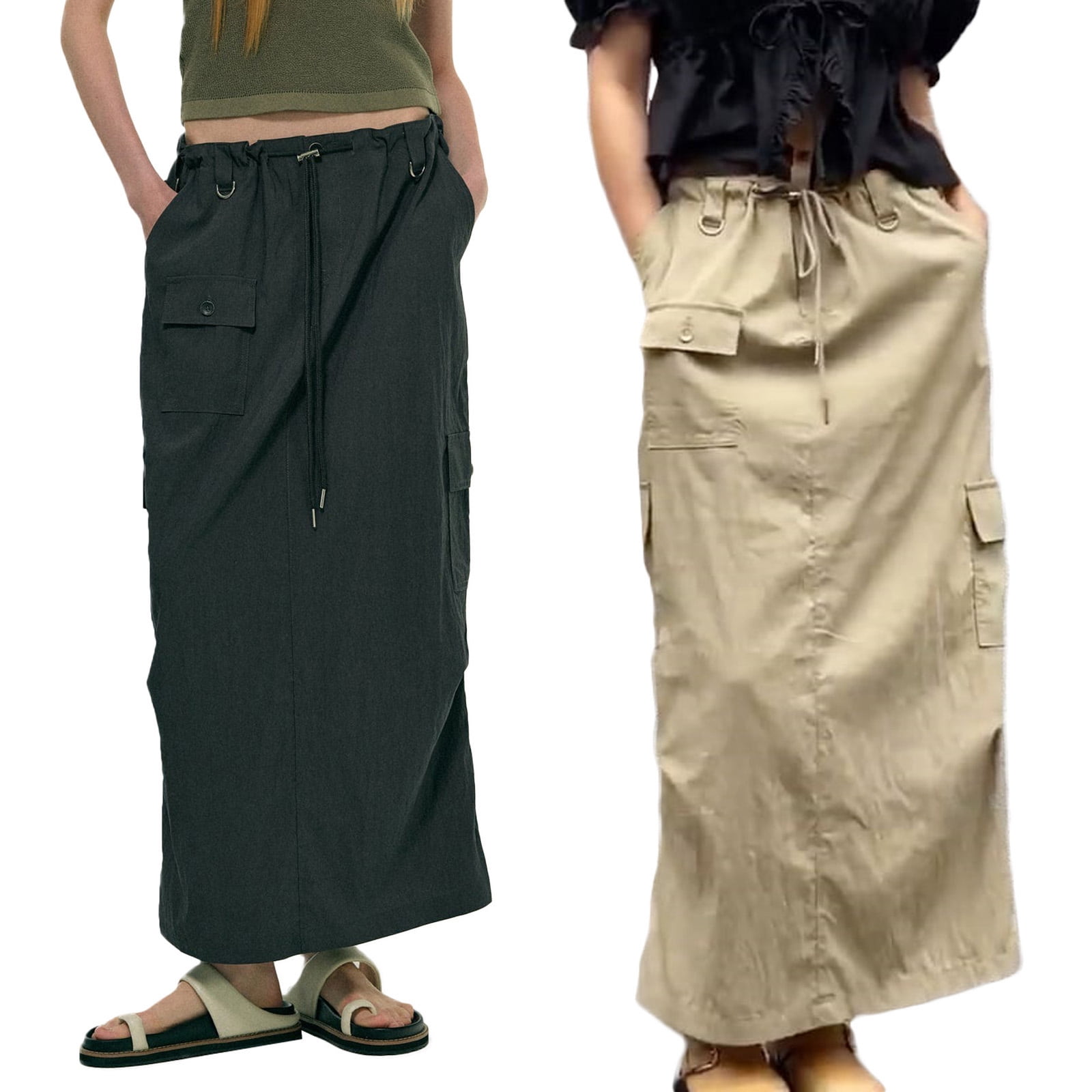 Musuos Women's Long Cargo Skirt Solid Color Waist Drawstring Multi ...