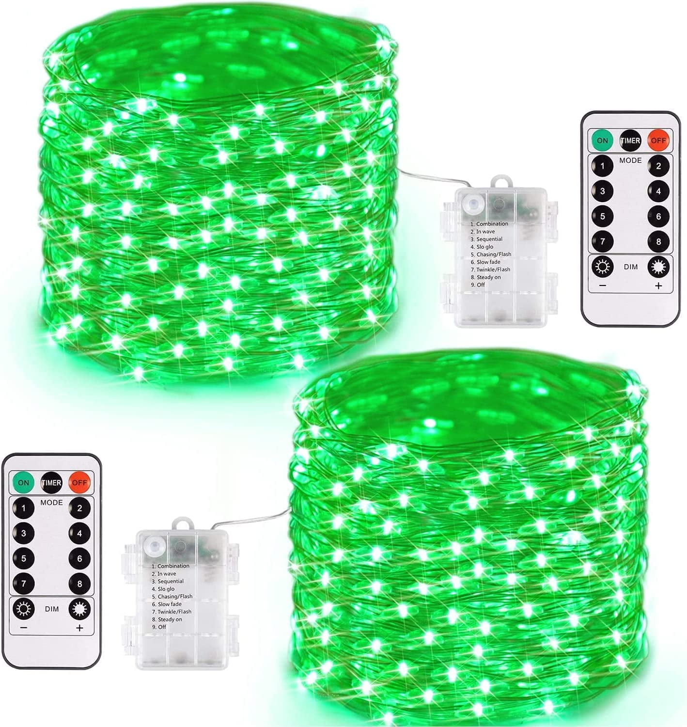 Morttic 2 Pack 100 LED 33 FT Copper Wire String Lights Battery Operated ...