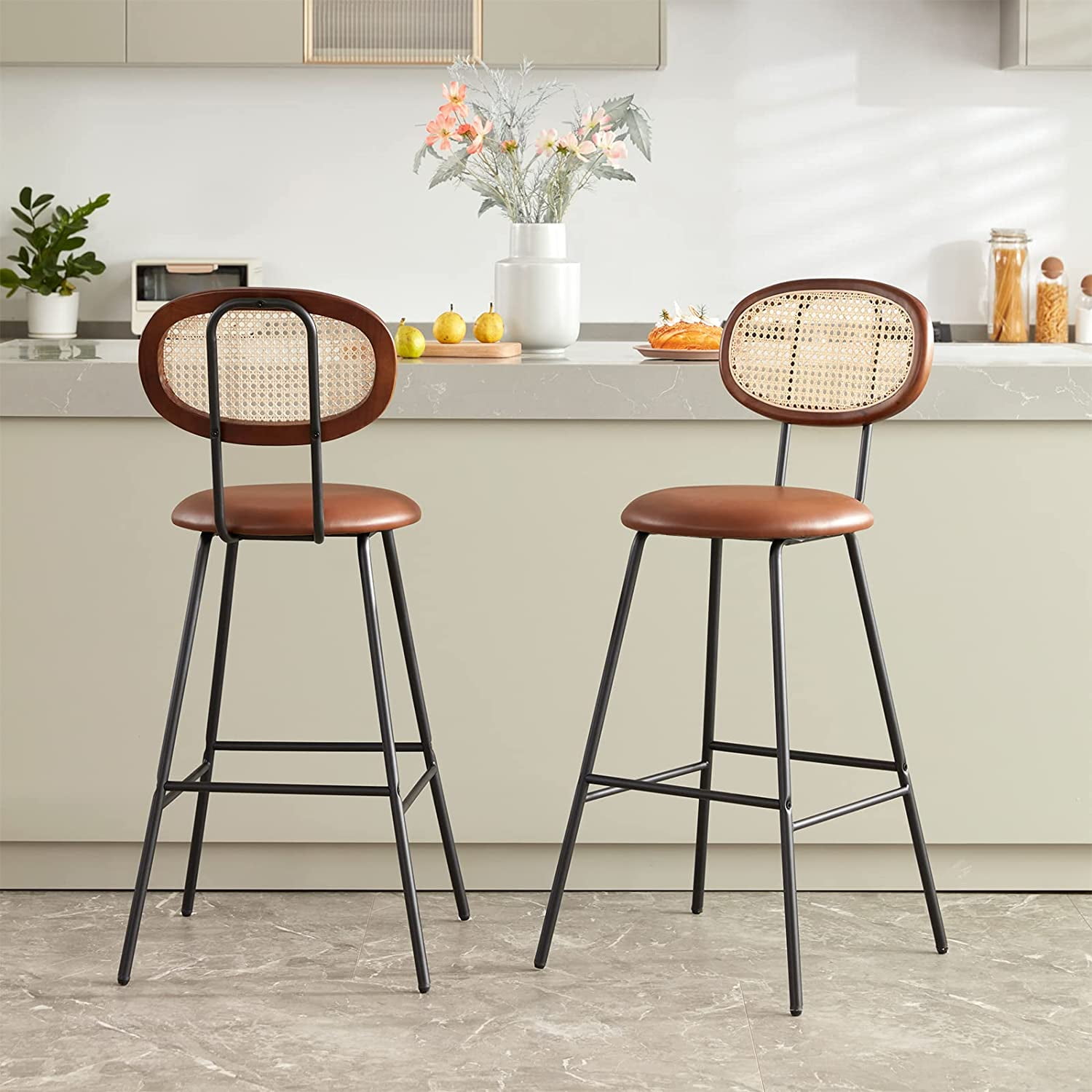 Jaxsen Faux Leather Indoor Kitchen Dining Chairs Set of 2 with Rattan ...