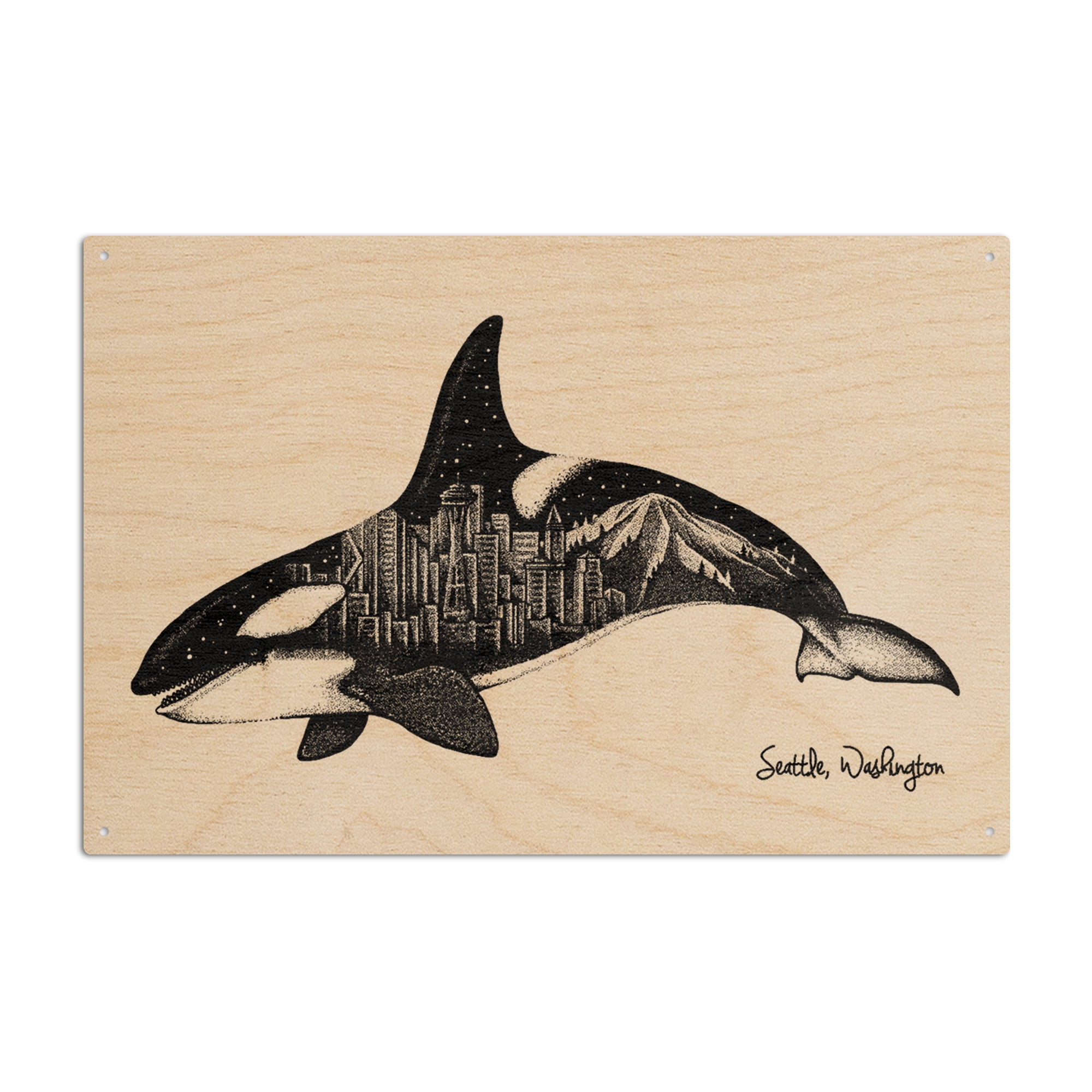 Seattle, Washington, Orca and Seattle Skyline Double Exposure Birch ...