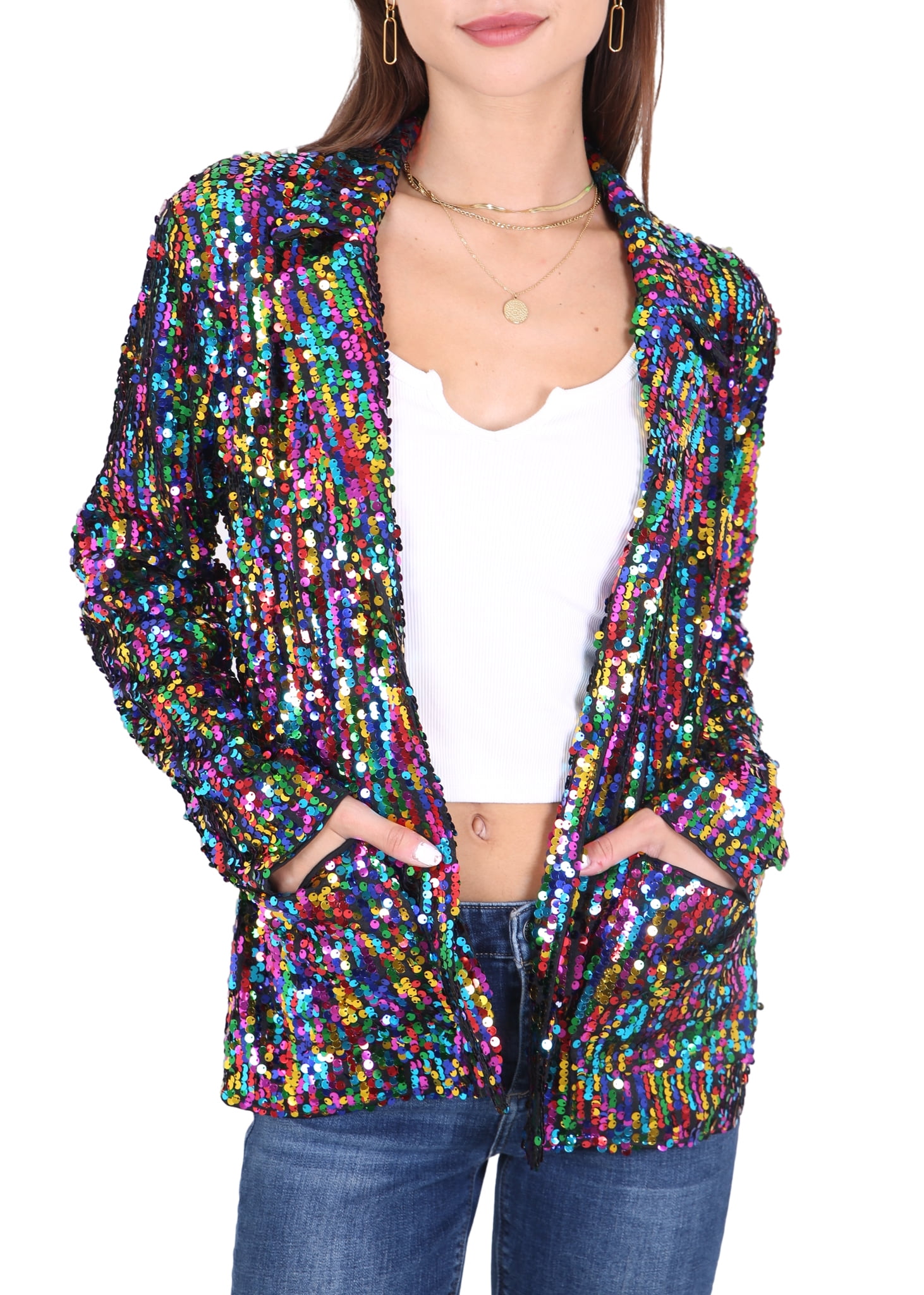 Women's Sequin Jackets Long Sleeve Open Front Glitter Sparkle Party ...