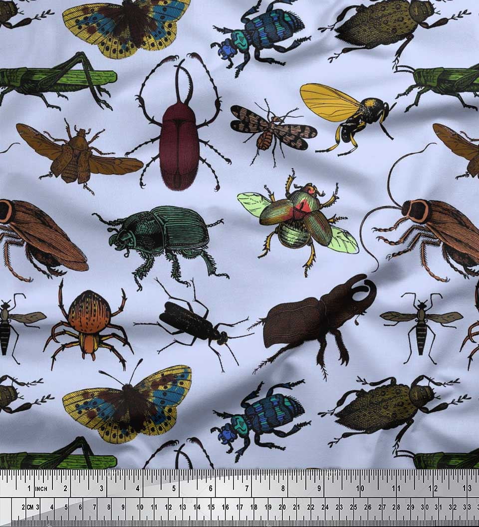 Soimoi Blue Satin Silk Fabric Beetle & Honey Bee Insects Fabric Prints ...