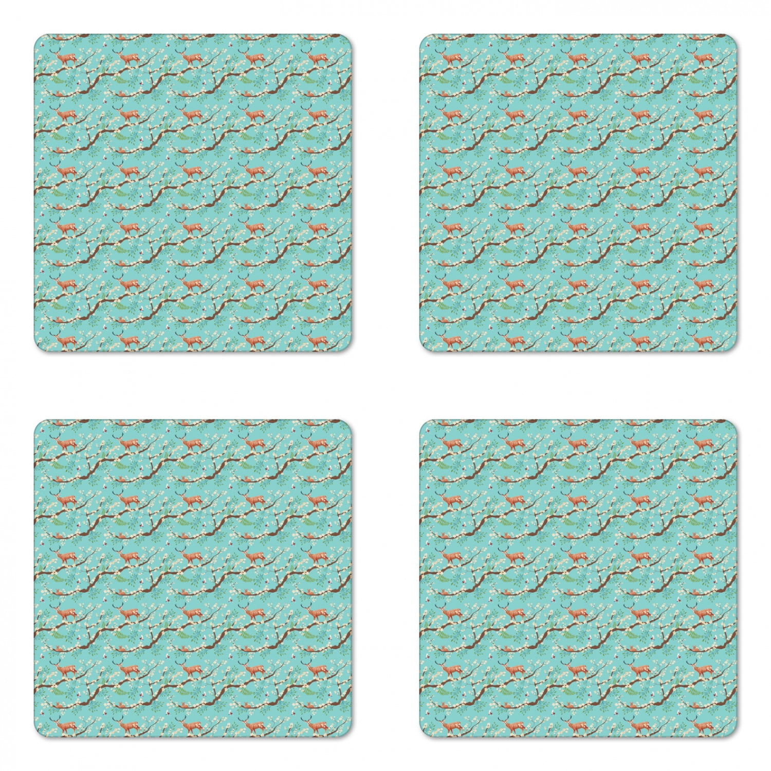 Forest Coaster Set of 4, Animal Bird Sika Deer Japanese Style Pattern ...
