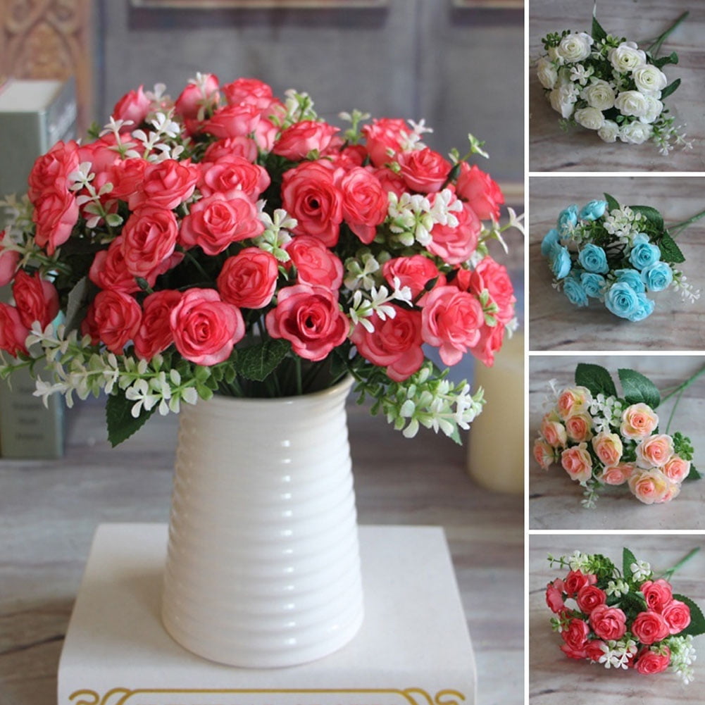 UDIYO 3 Bouquets Artificial Silk Fake 15 Heads Flowers Leaf Rose ...