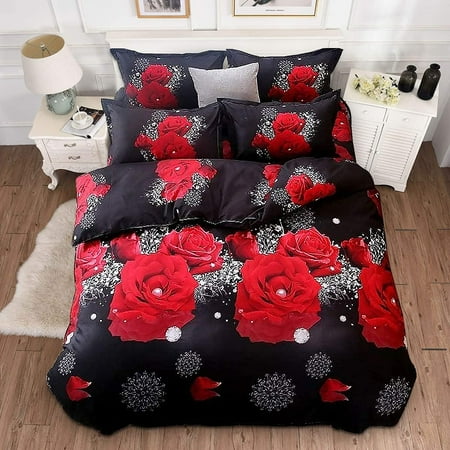 Queen Size Red Rose Quilt Cover 3 Pcs Super Soft Duvet Cover, Valentine ...