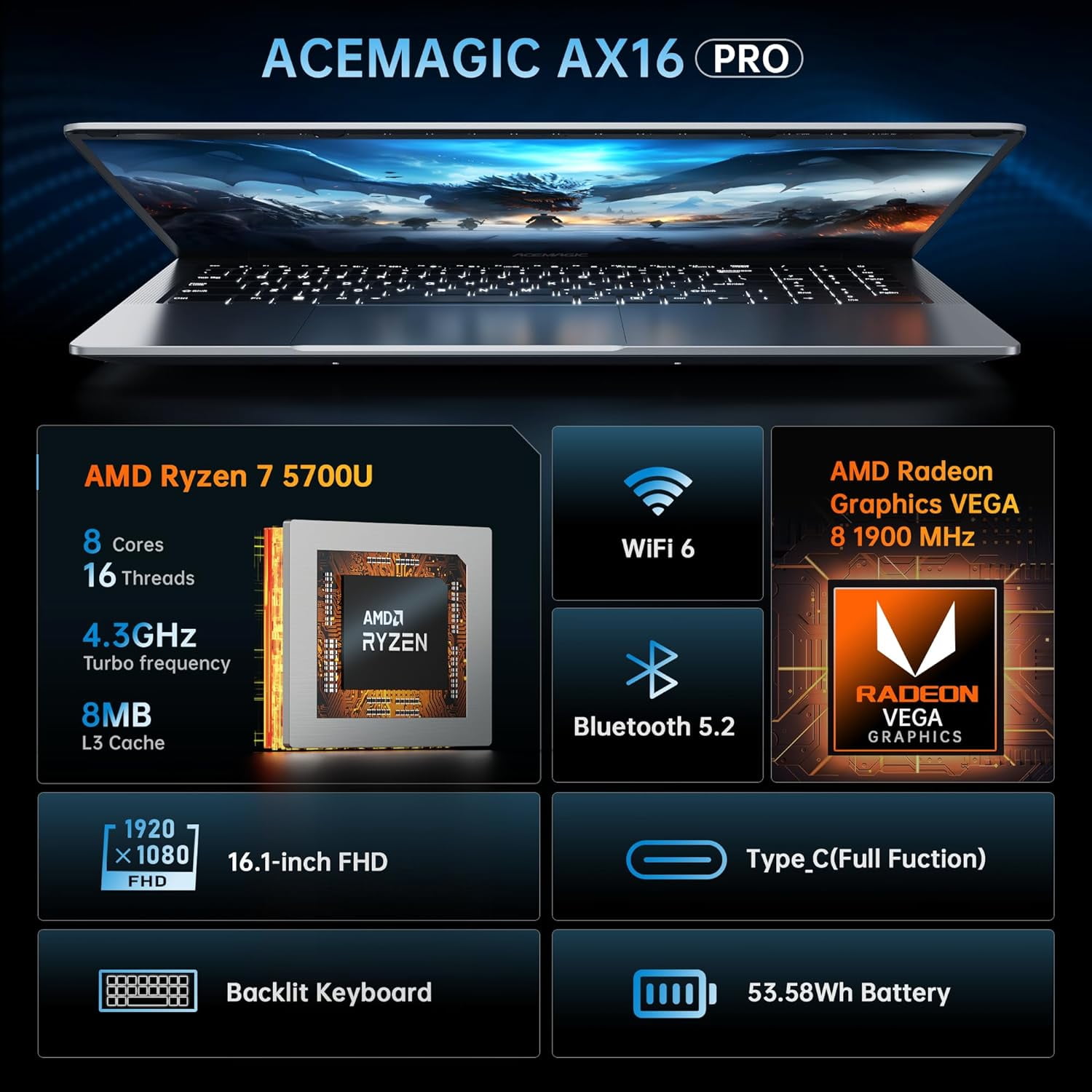 Laptop 16.1 FHD Gaming Laptop, AMD Ryzen 7 5825U, 16GB RAM Laptop 16.1 FHD Gaming Laptop, AMD Ryzen 7 5825U, 16GB RAM