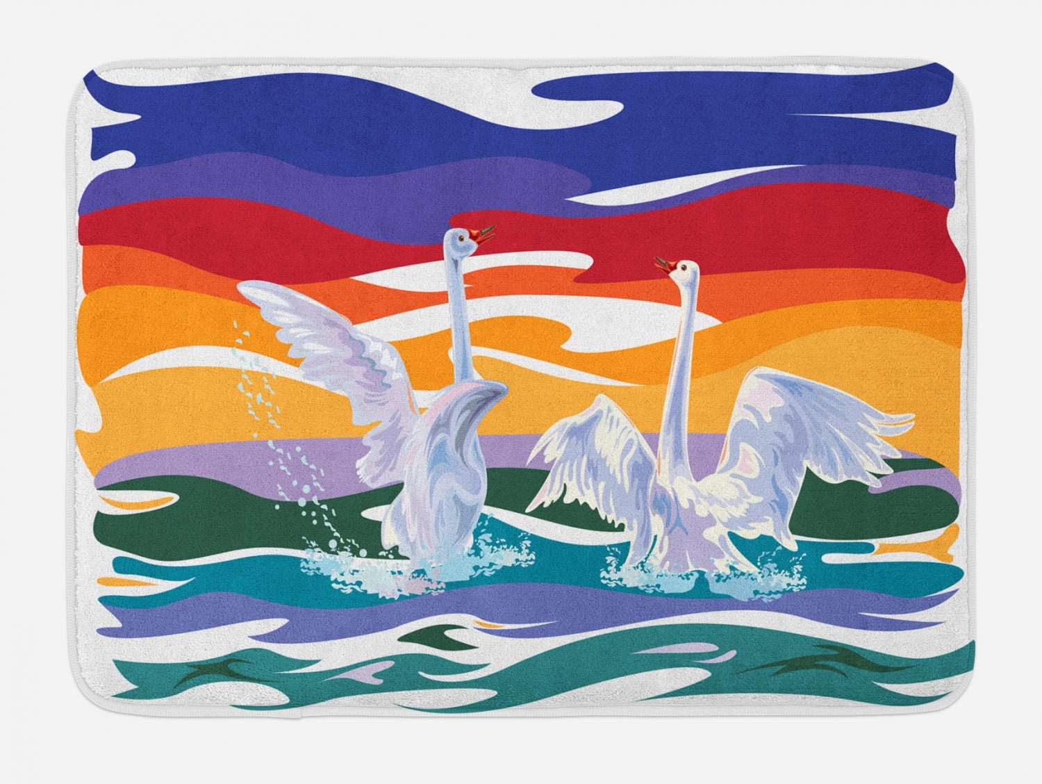 Swan Bath Mat, Funky Style Image of Swan Couple Swimming in Sea Rainbow ...