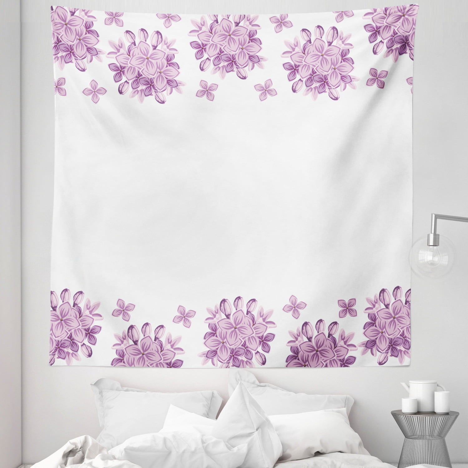 Floral Tapestry, Graphic Lilac Flower Blossoms on White Background ...