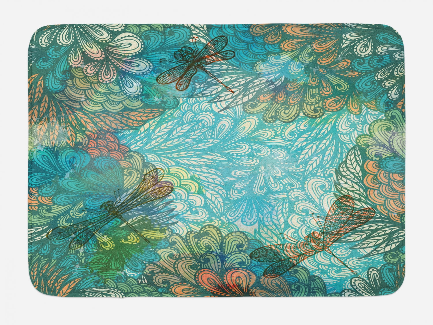 Dragonfly Bath Mat, Fantasy Flowers Mixed in Various Tones Shabby Chic ...