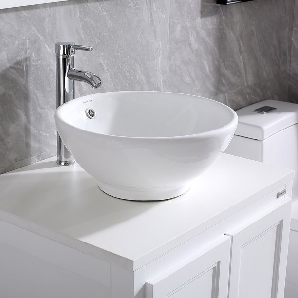 Wonline Round White Porcelain Ceramic Bathroom Vessel Sink with Overflow, Equipped with Chrome ...