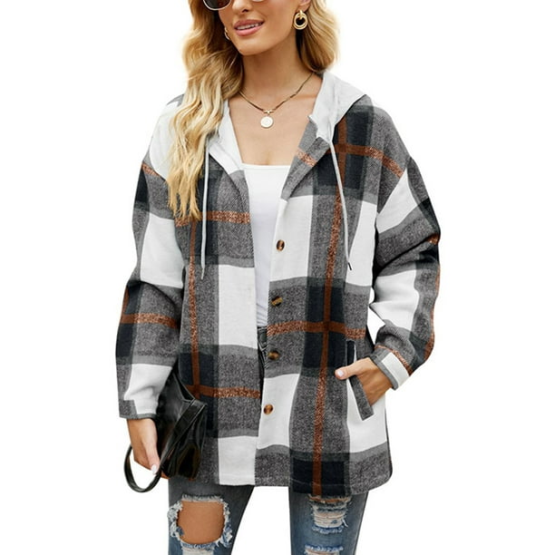 MOSHU Flannel Shirts for Women Button Down Plaid Shirt Hooded Shacket ...