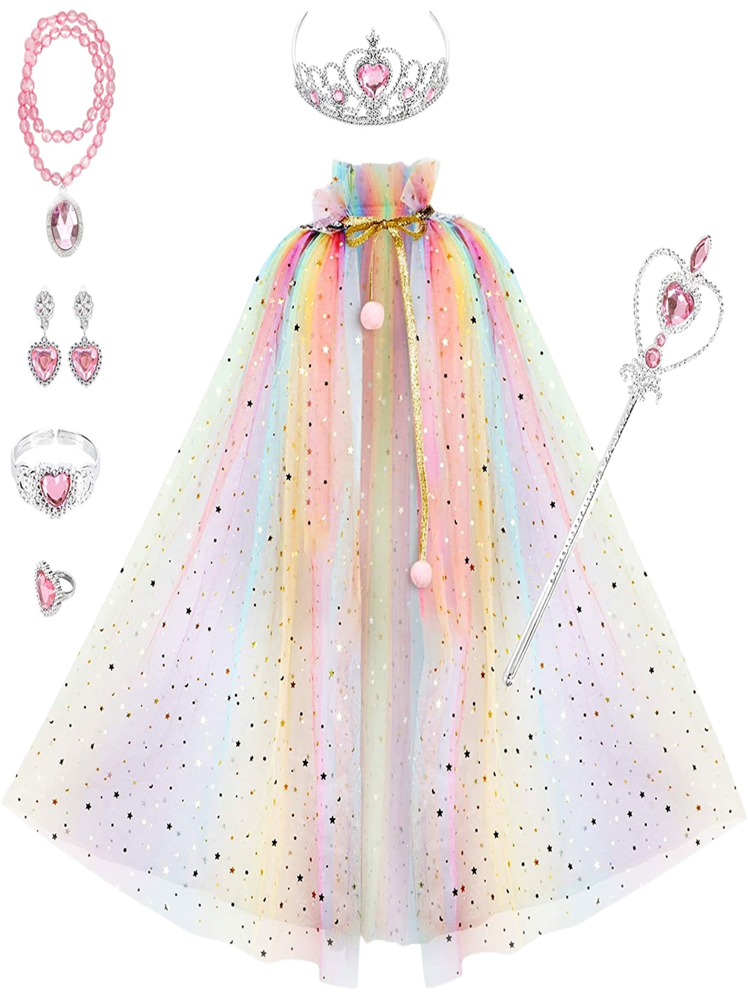 Princess Sequin Mesh Cloak Outfits Cloak Crown Wand Necklace Gloves ...