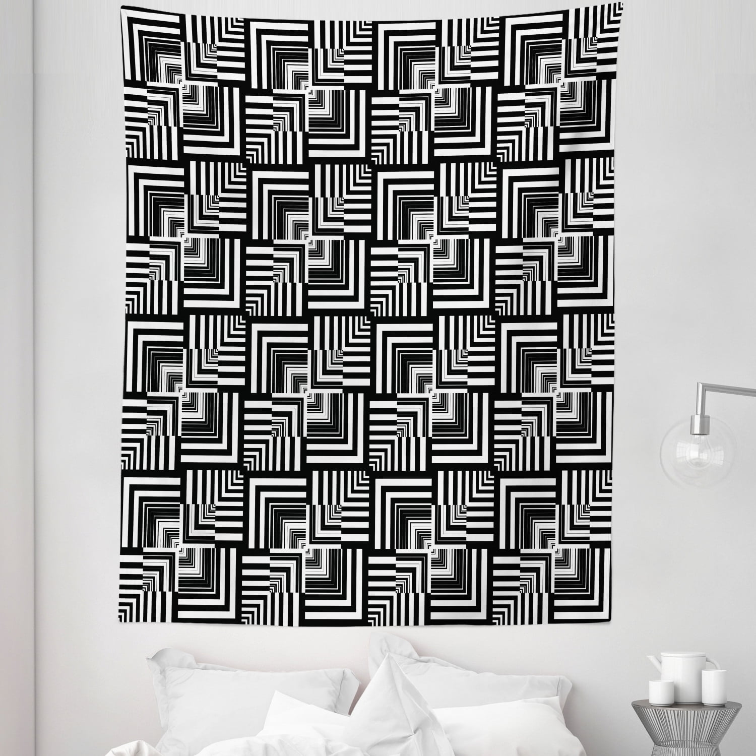 Black and White Tapestry, Geometric Op Art Pattern Unusual Checked ...