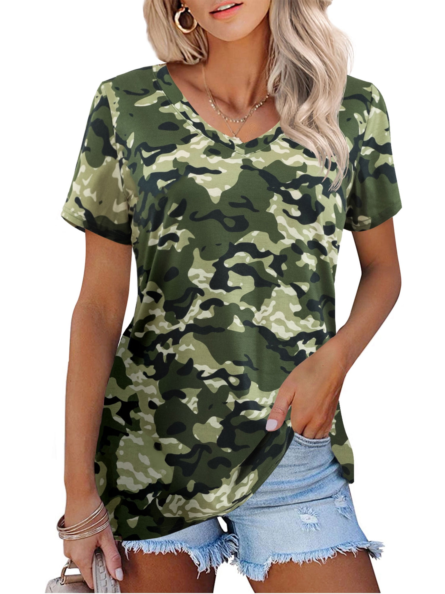 Amoretu Womens T Shirts Short Sleeve V Neck Camouflage Tops (Army Green ...