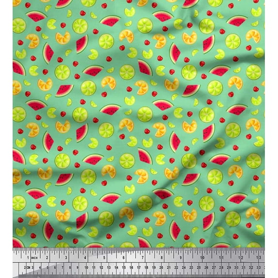 Soimoi Satin Silk Fabric Lemon Slice,Cherry & Watermelon Fruits Print ...
