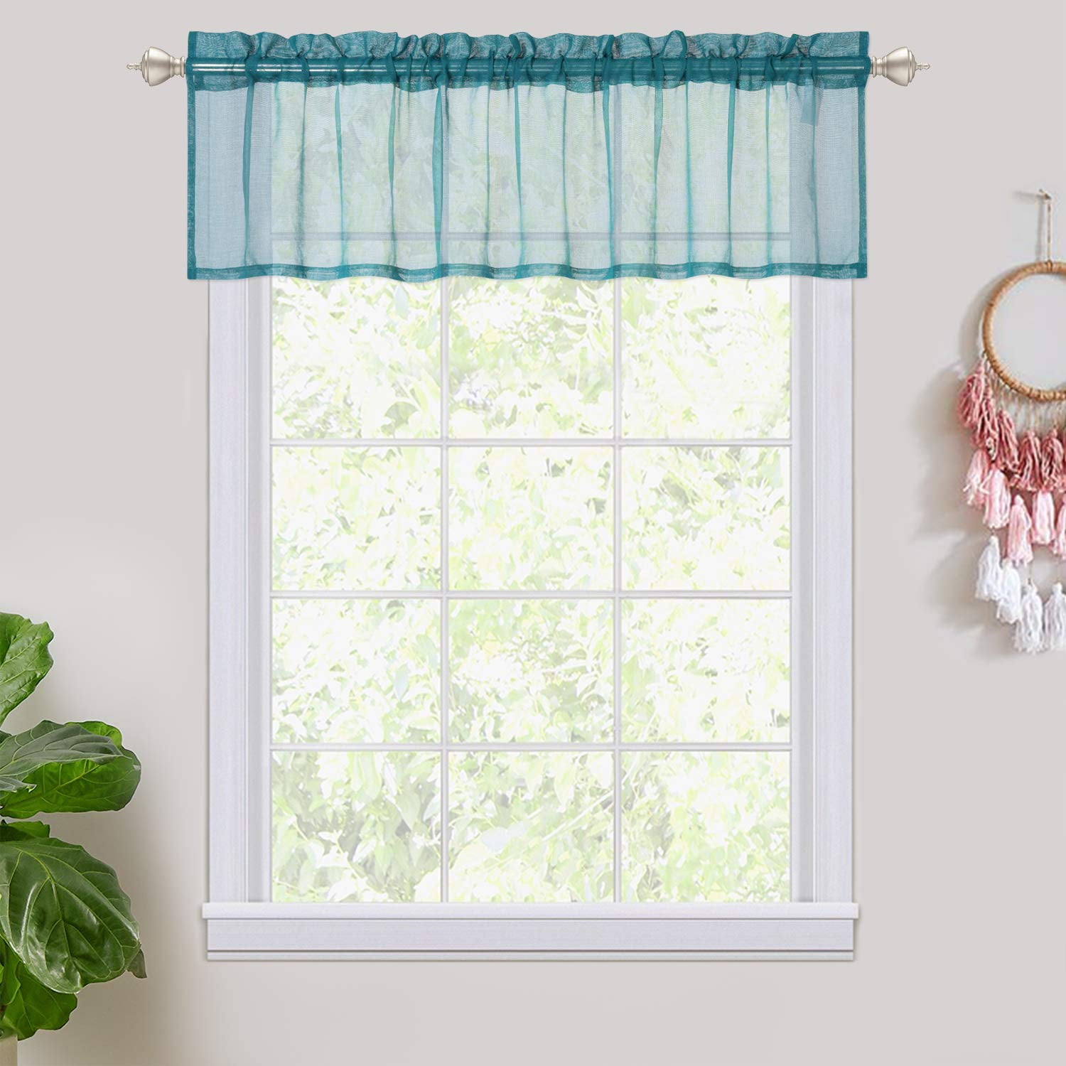 2 Pcs Floral Embroidered Semi Sheer Valance, Rod Pocket Linen Textured ...