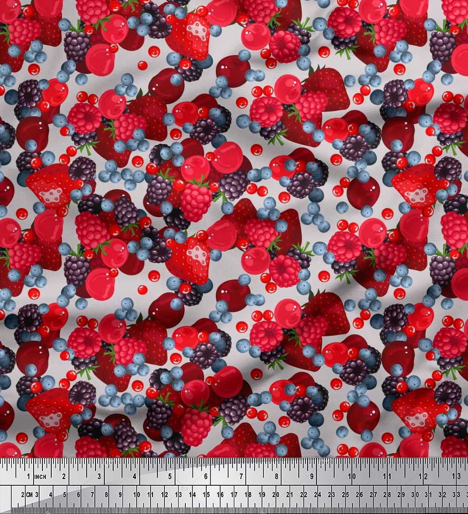 Soimoi Velvet Fabric Raspberry,Strawberry & Cherry Fruits Fabric Prints ...
