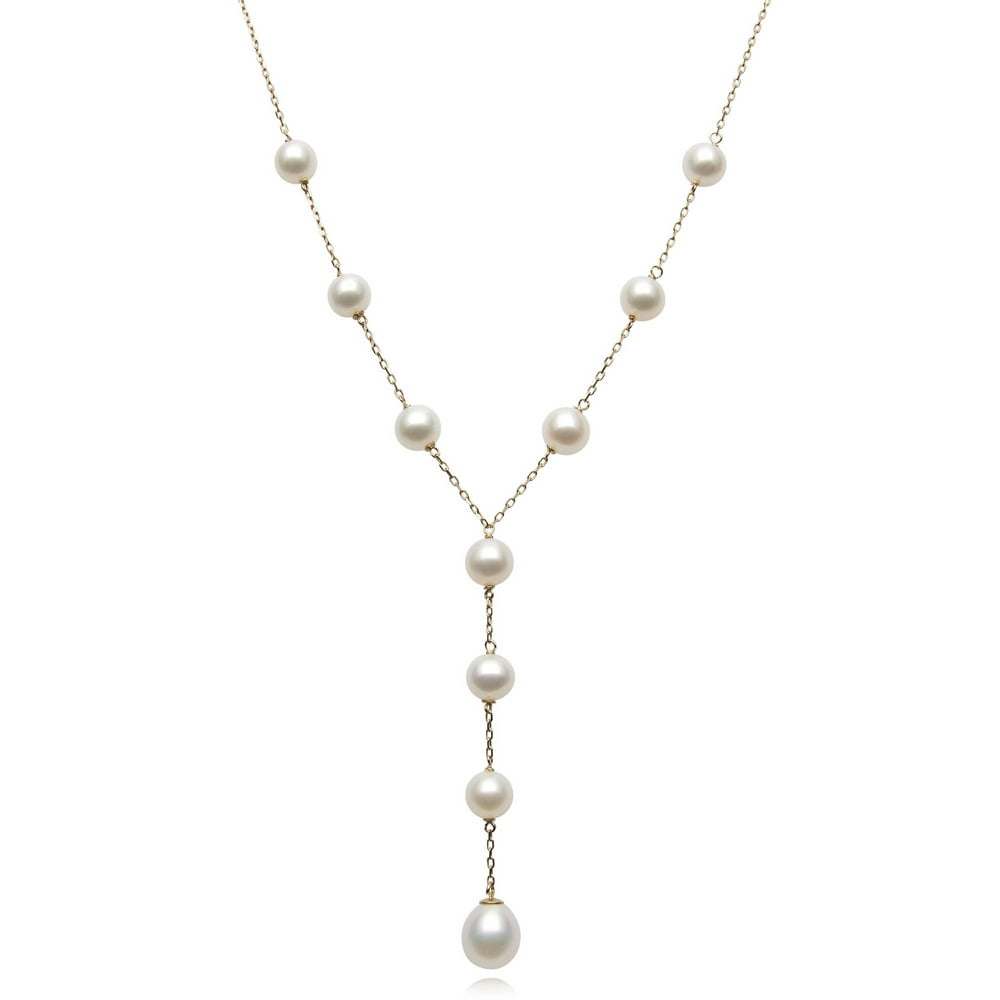 Pearlzzz Cultured White Freshwater Pearl 14k Gold Station Y Necklace