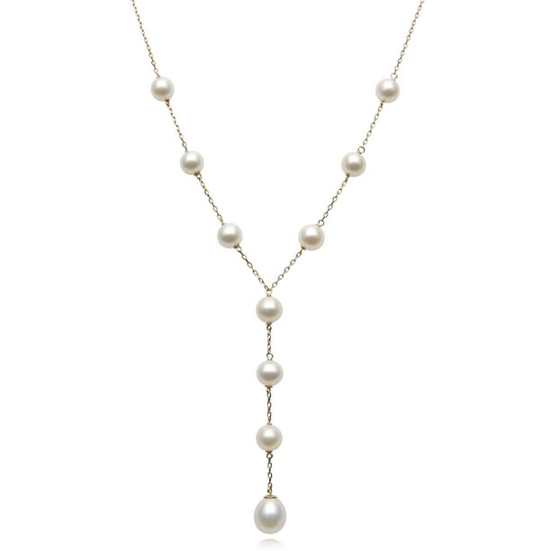 Pearlzzz Cultured White Freshwater Pearl 14k Gold Station Y Necklace