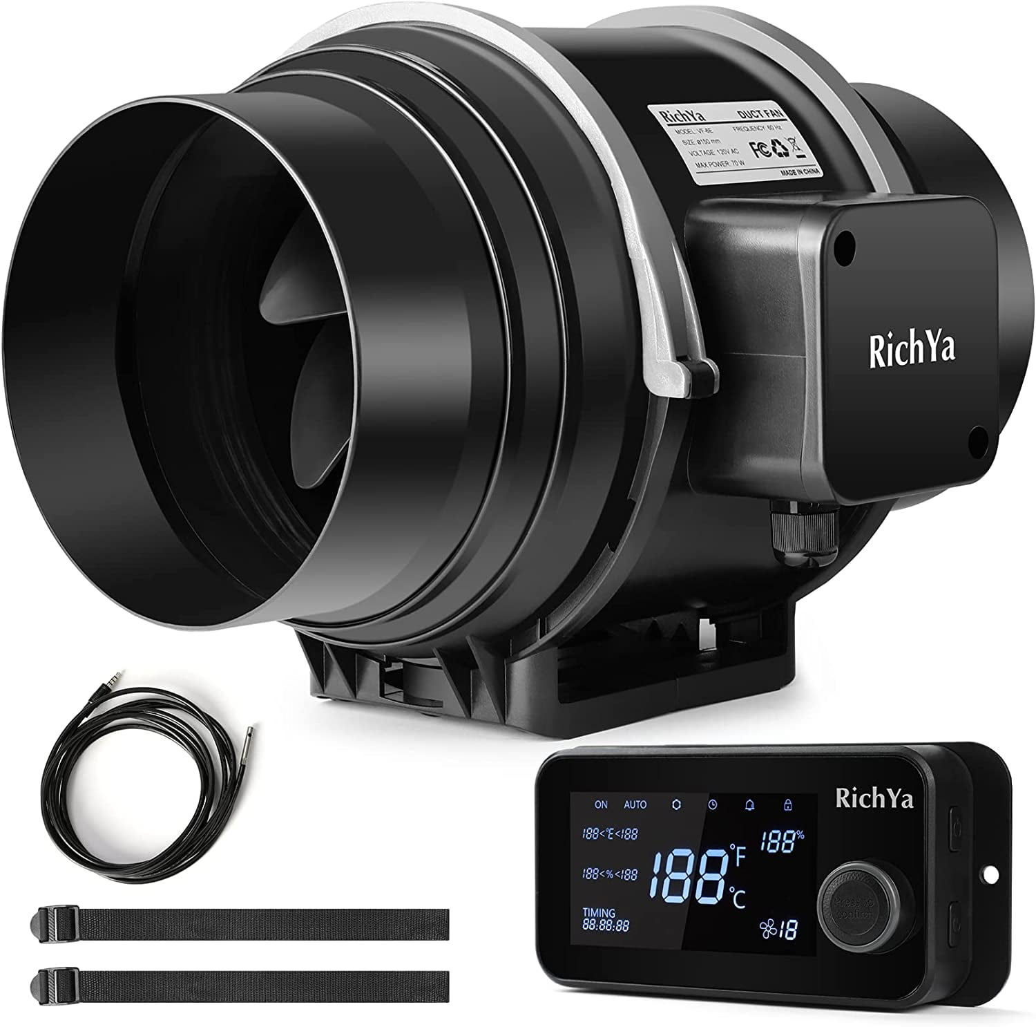 RichYa 6 inch Inline Bathroom Exhaust Tube Duct Fan with Temp Humidity ...