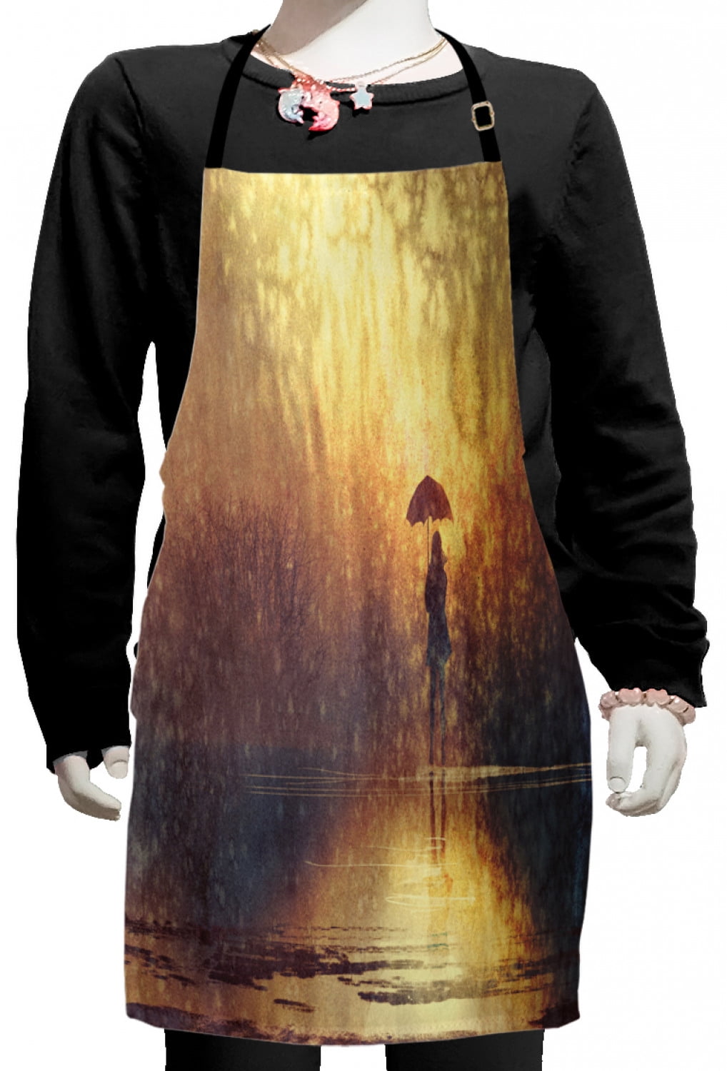 Modern Kids Apron, Silhouette of Lonely Woman Under Rain with Umbrella ...
