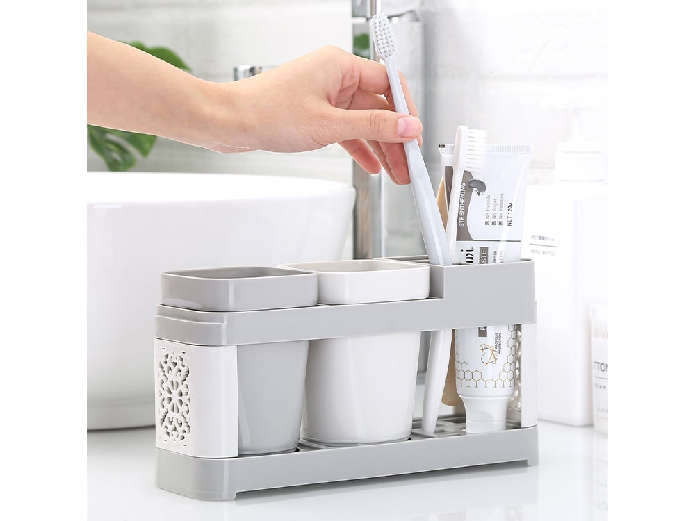INTSUPERMAI Plastic Toothbrush Toothpaste Stand Rack Holder with 2 Cups ...