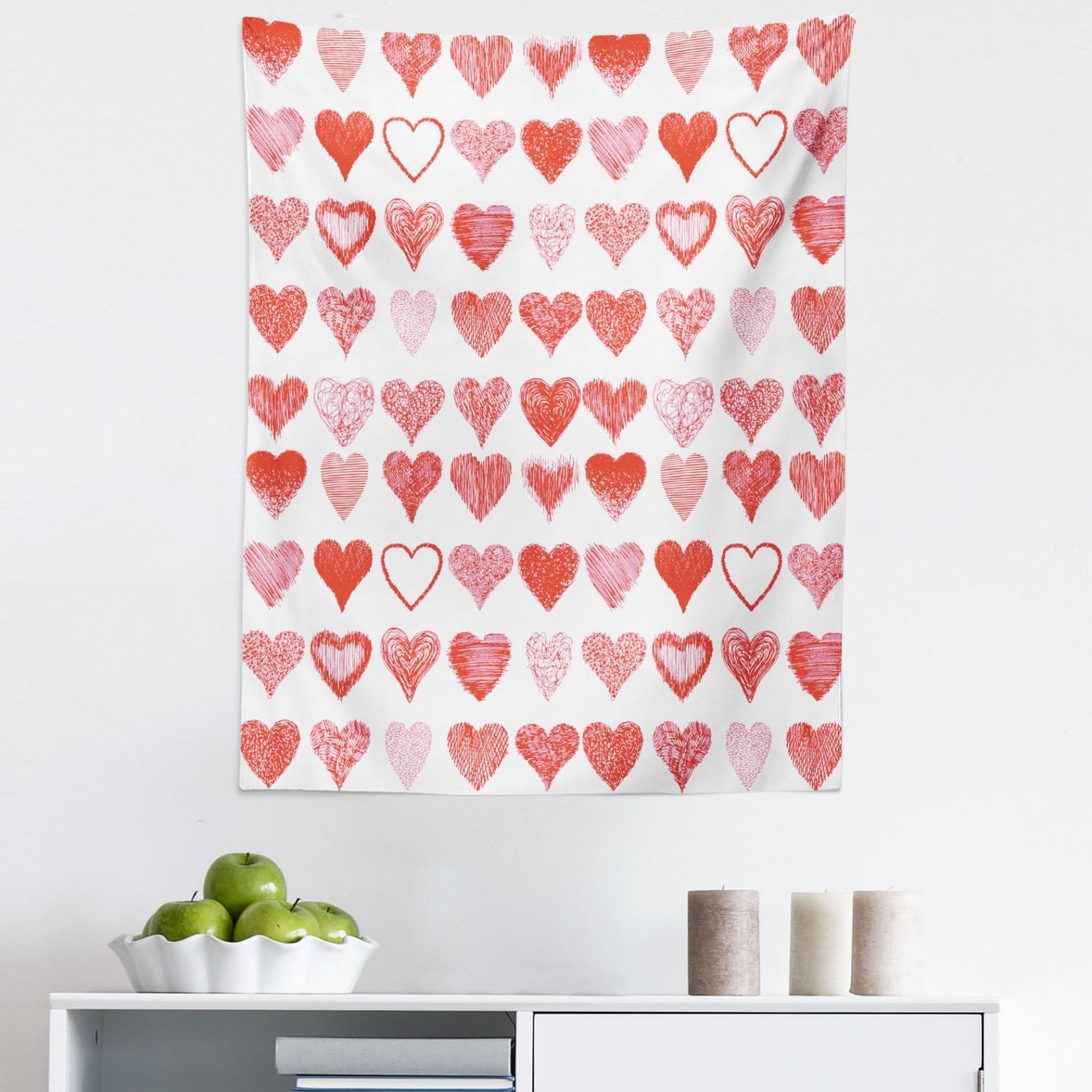Valentines Day Tapestry, Heart of Love and Romance Hand Drawn Style ...