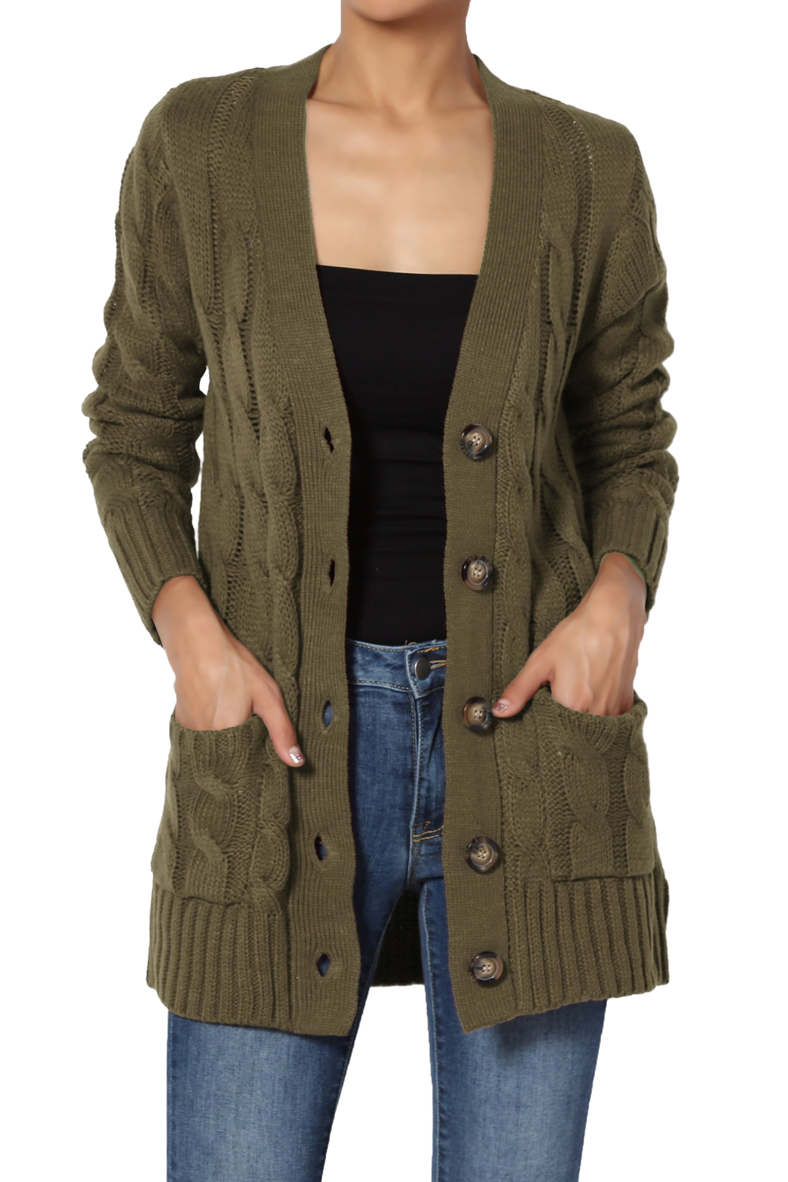 Themogan Themogan Womens S~xl V Neck Pocket Cable Knit Cardigan