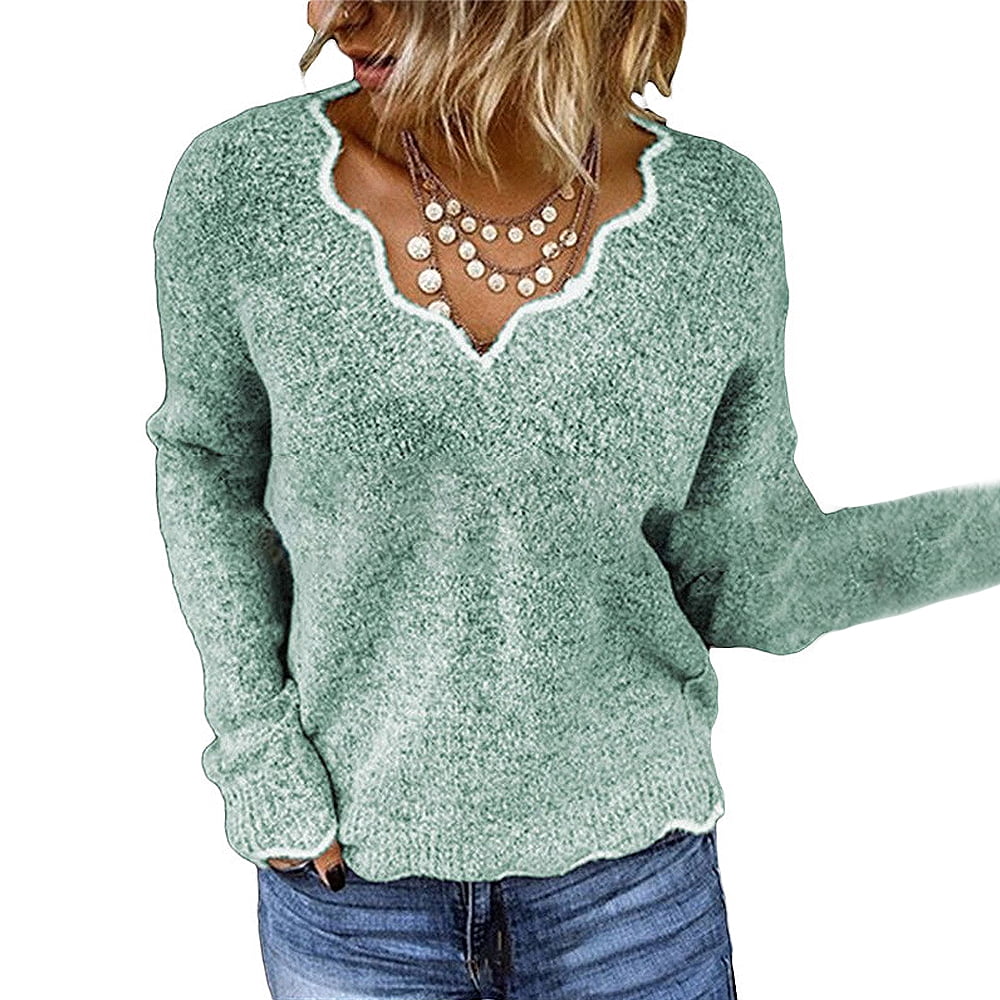KZKR Women Knitted Sweaters V Neck Pullover Tops Lady Solid Casual ...