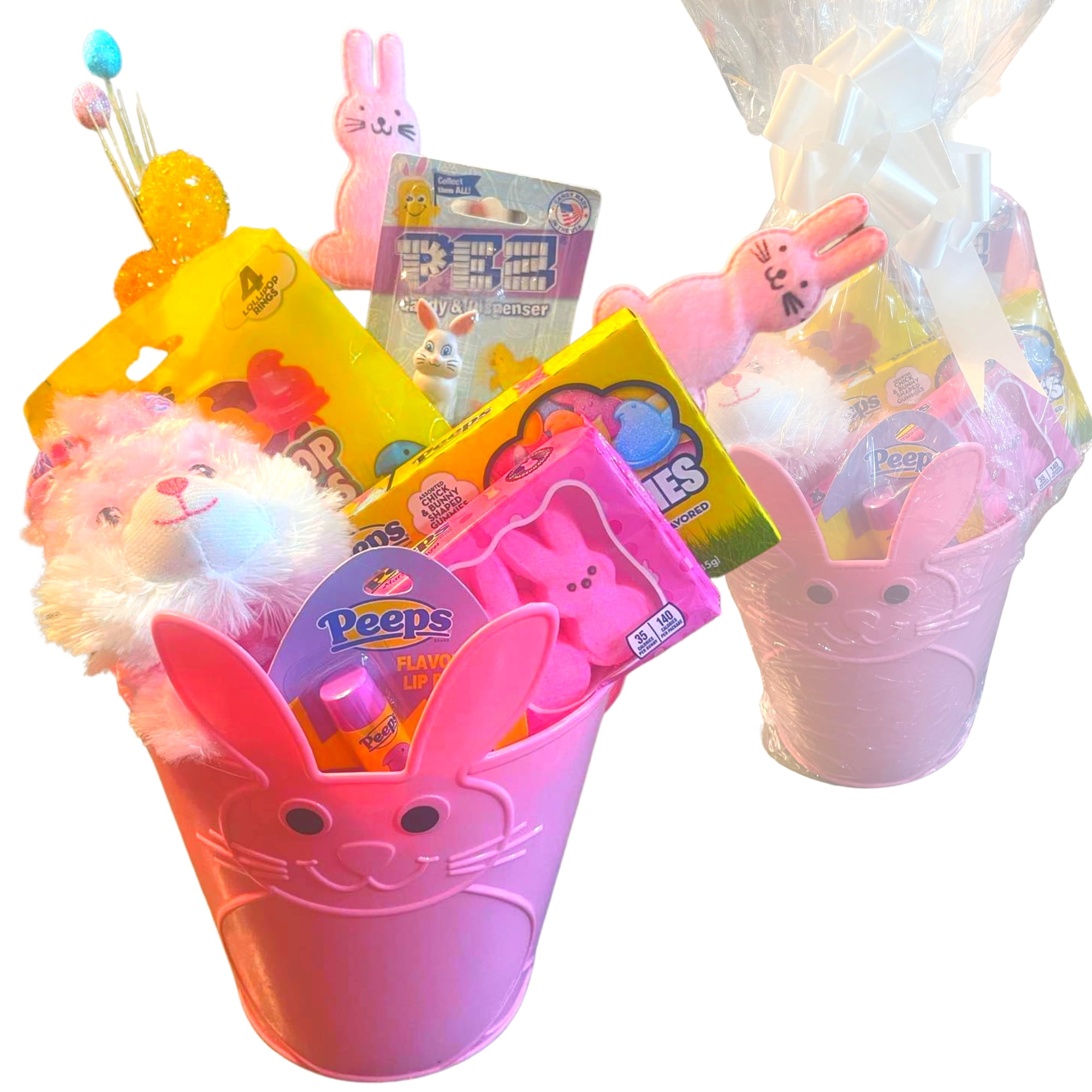Happy Easter Gift Basket w/ Pink Bear Plush Toy Cotton Candy Lollipop ...